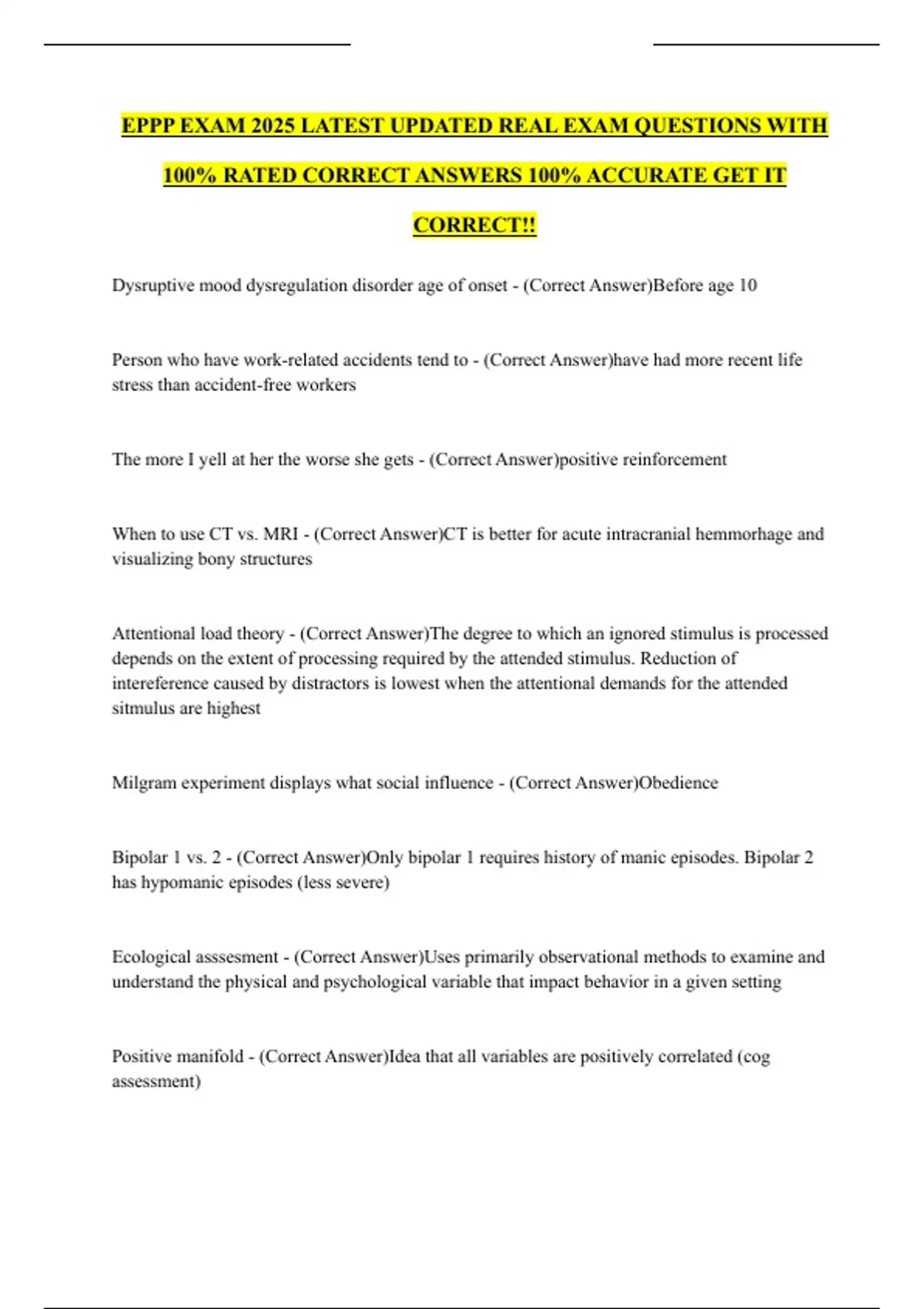 EPPP EXAM 2025 LATEST UPDATED REAL EXAM QUESTIONS WITH 100% RATED ...