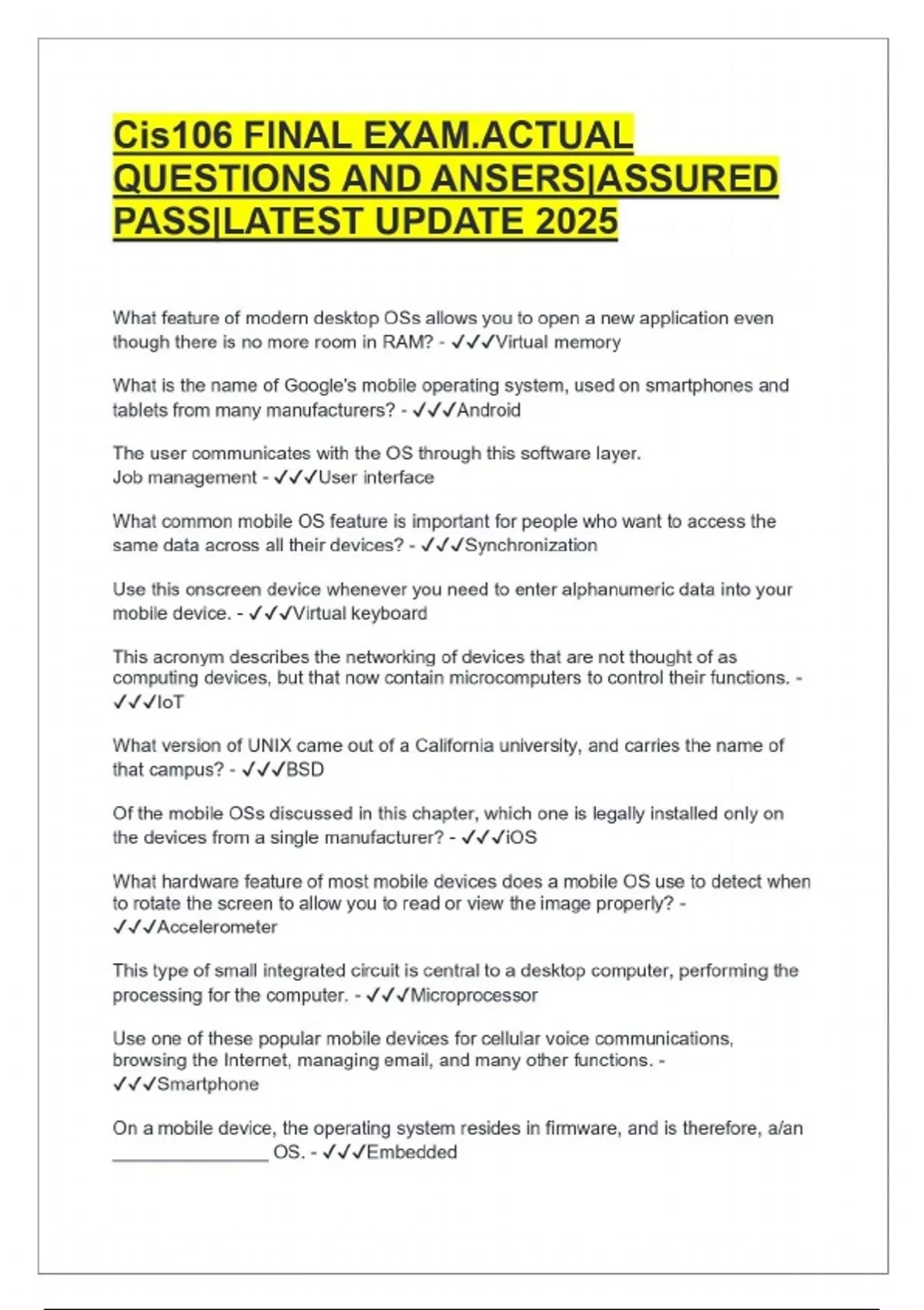 Cis106 FINAL EXAM.ACTUAL QUESTIONS AND ANSERS|ASSURED PASS|LATEST ...