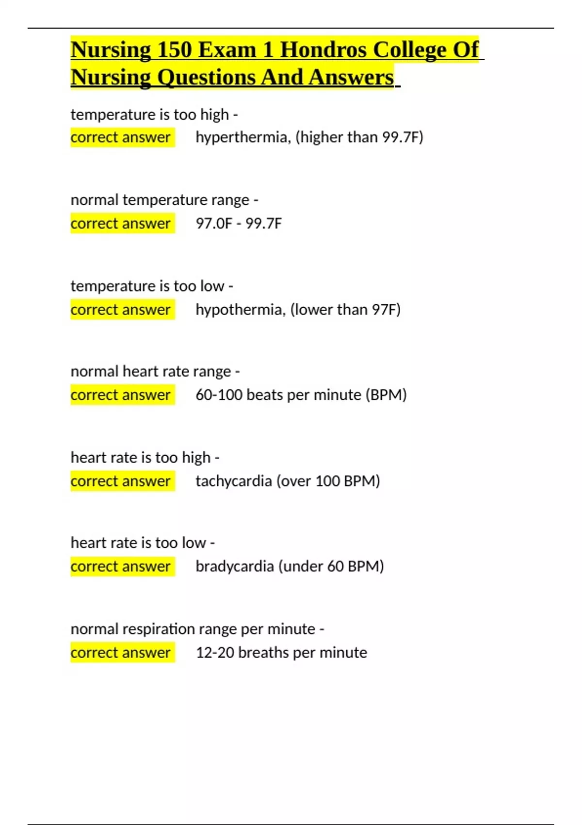 Nursing 150 Exam 1 Hondros College Of Nursing Questions And Answers ...