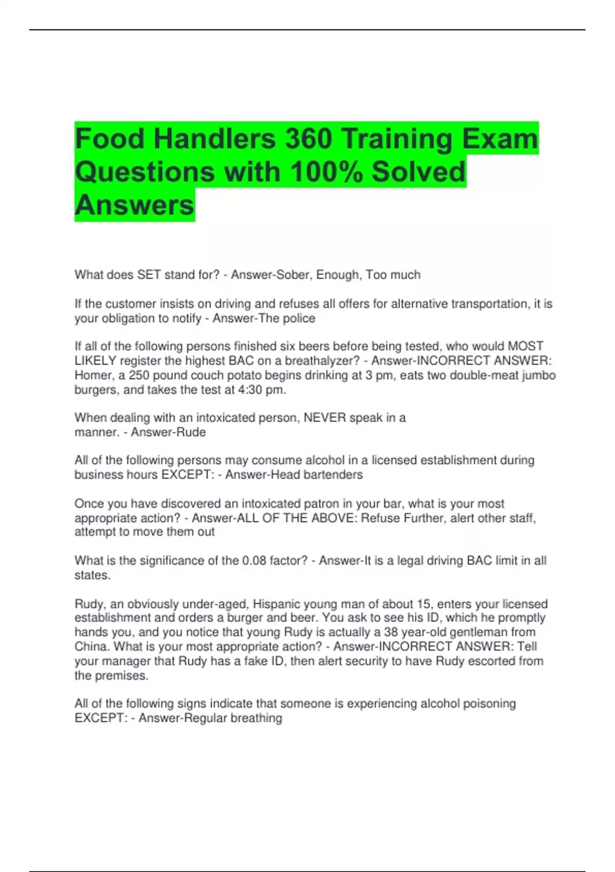 Food Handlers 360 Training Exam Questions with 100% Solved Answers ...