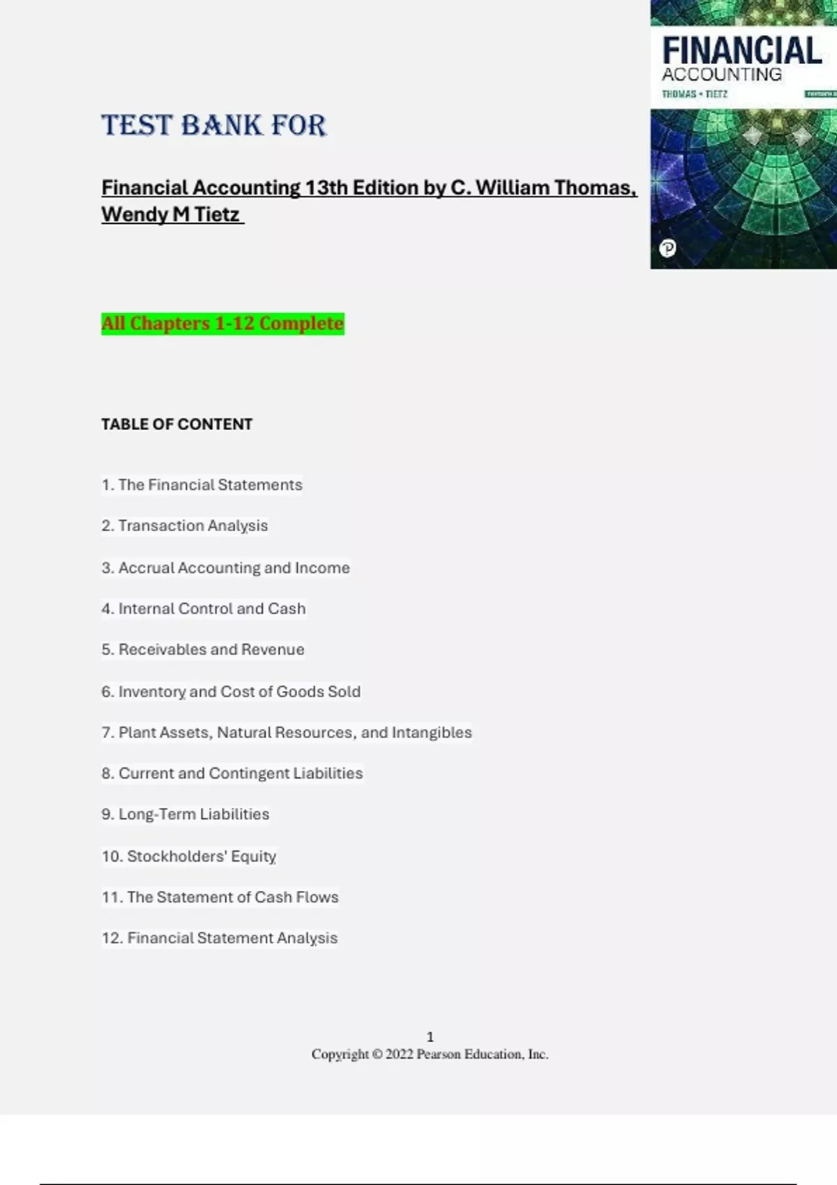 Test Bank for Financial Accounting 13th Edition by C. William Thomas ...