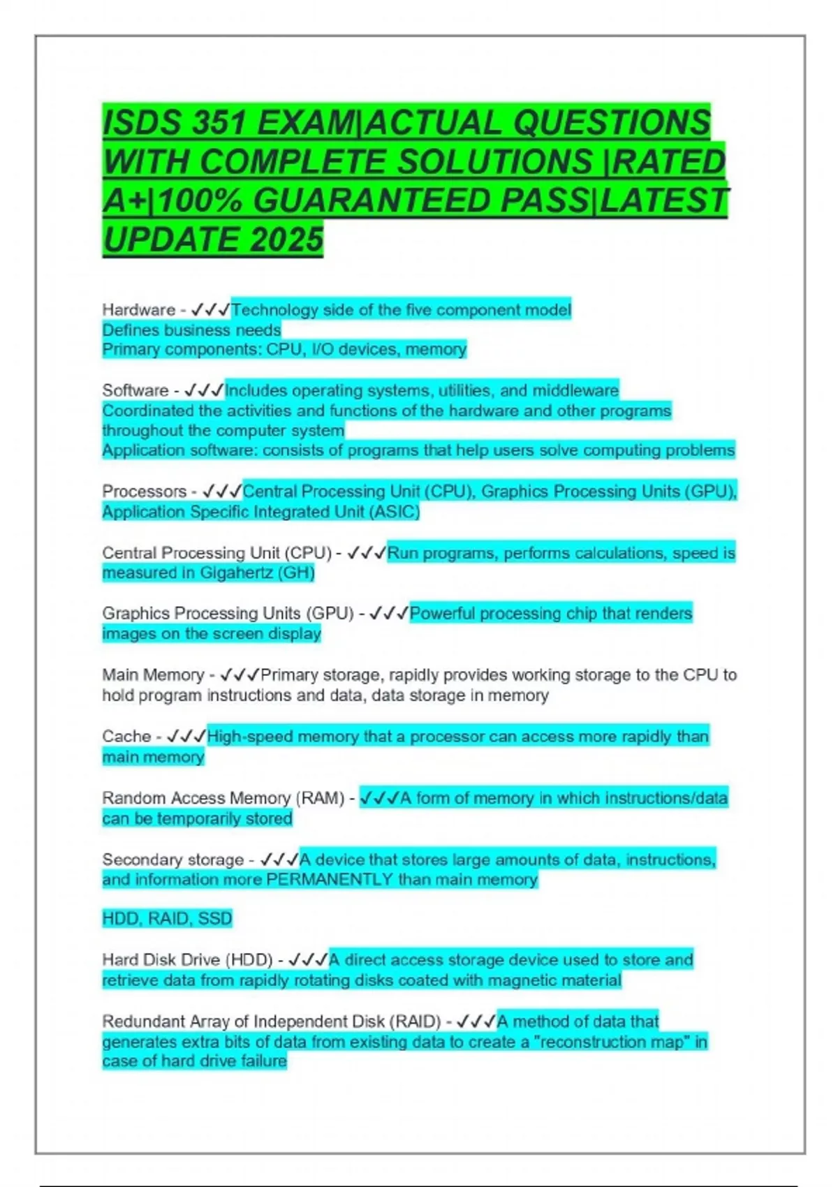 ISDS 351 EXAM|ACTUAL QUESTIONS WITH COMPLETE SOLUTIONS |RATED A+|100% ...