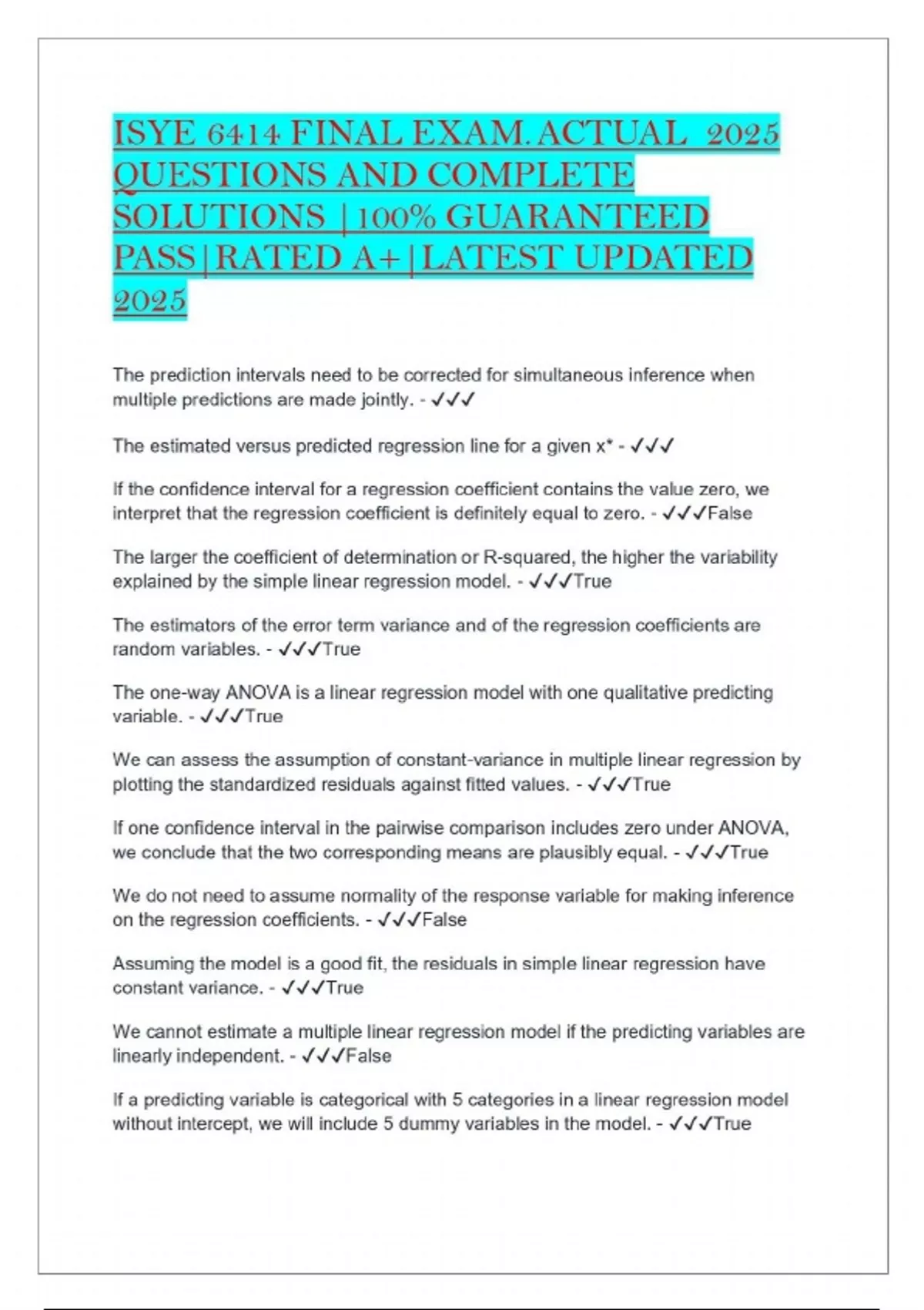 ISYE 6414 FINAL EXAM.ACTUAL 2025 QUESTIONS AND COMPLETE SOLUTIONS |100% GUARANTEED PASS|RATED A+ ...