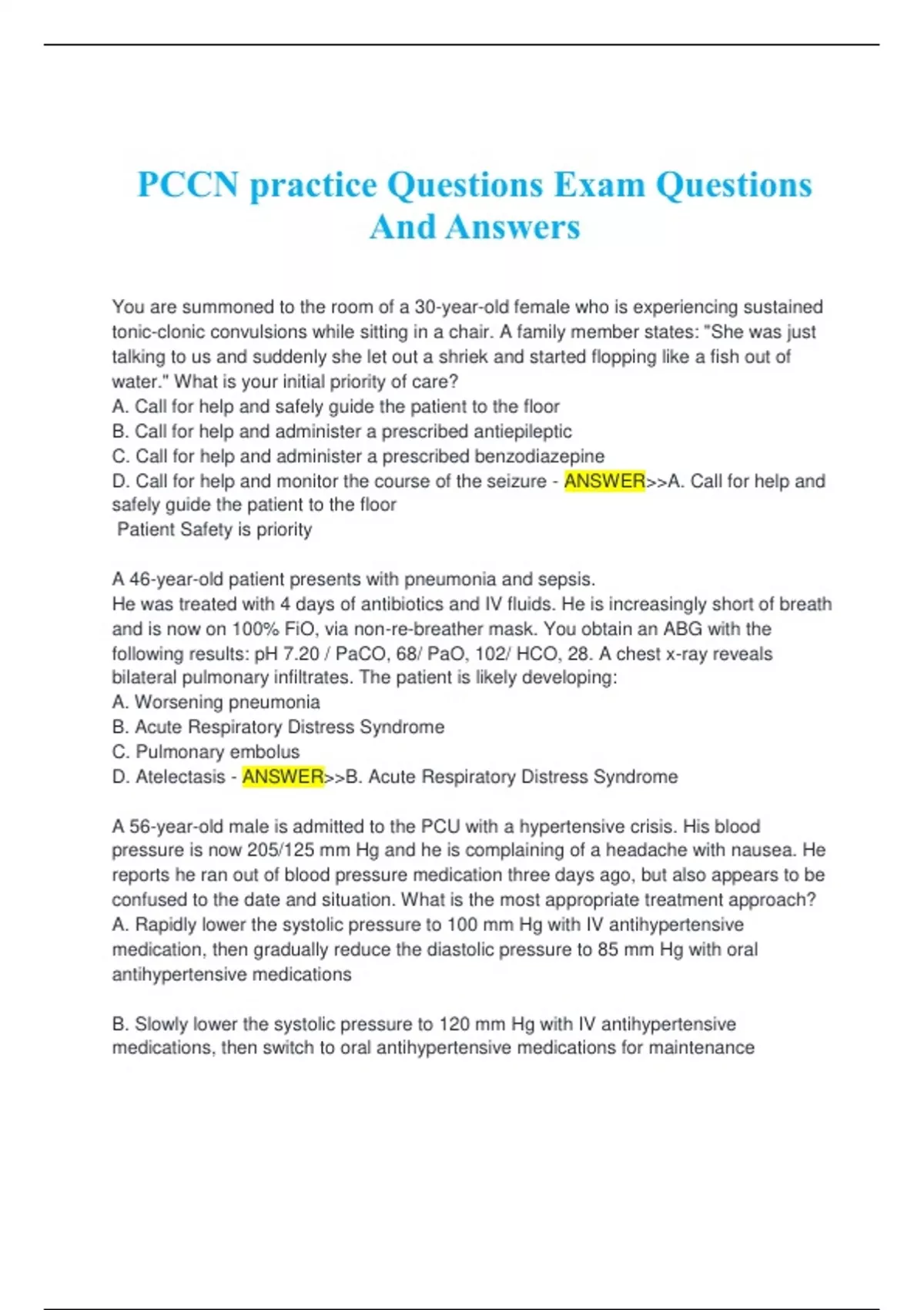 PCCN practice Questions Exam Questions And Answers - CNA - Certified Nursing Assistant - Stuvia US