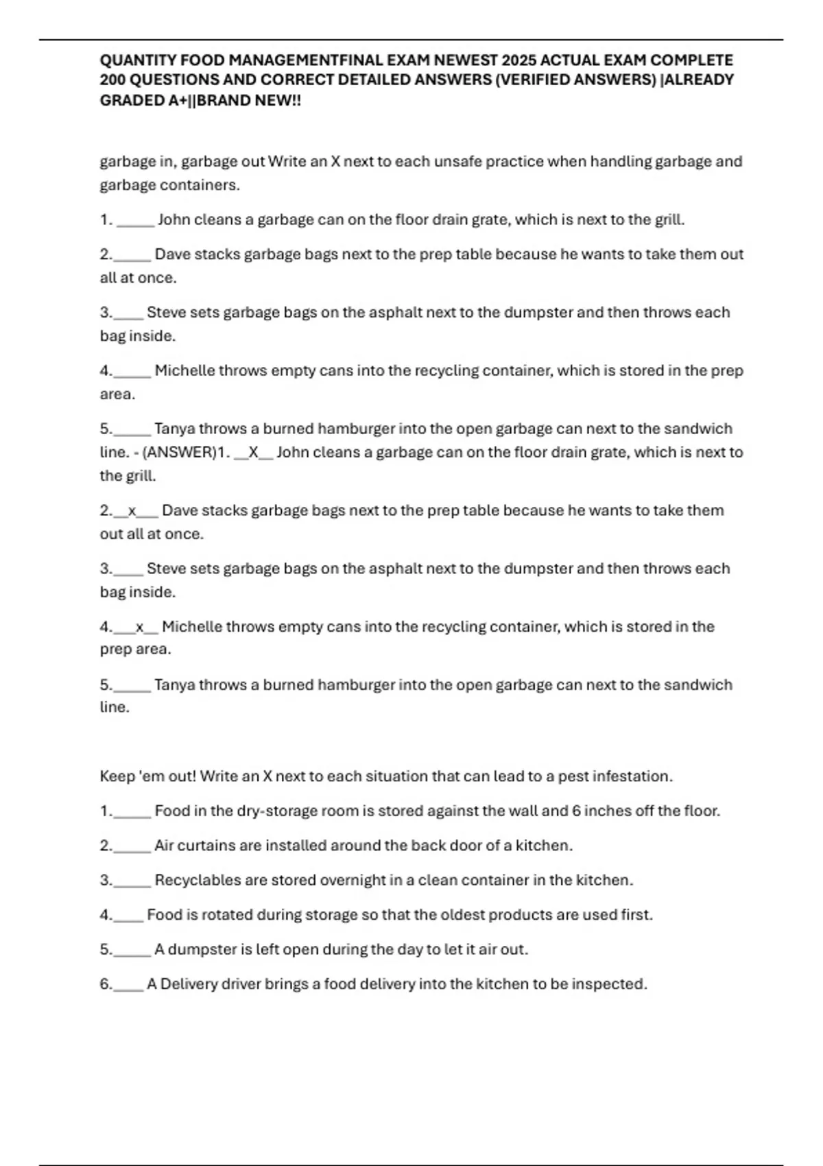 QUANTITY FOOD MANAGEMENTFINAL EXAM NEWEST 2025 ACTUAL EXAM COMPLETE 200 ...