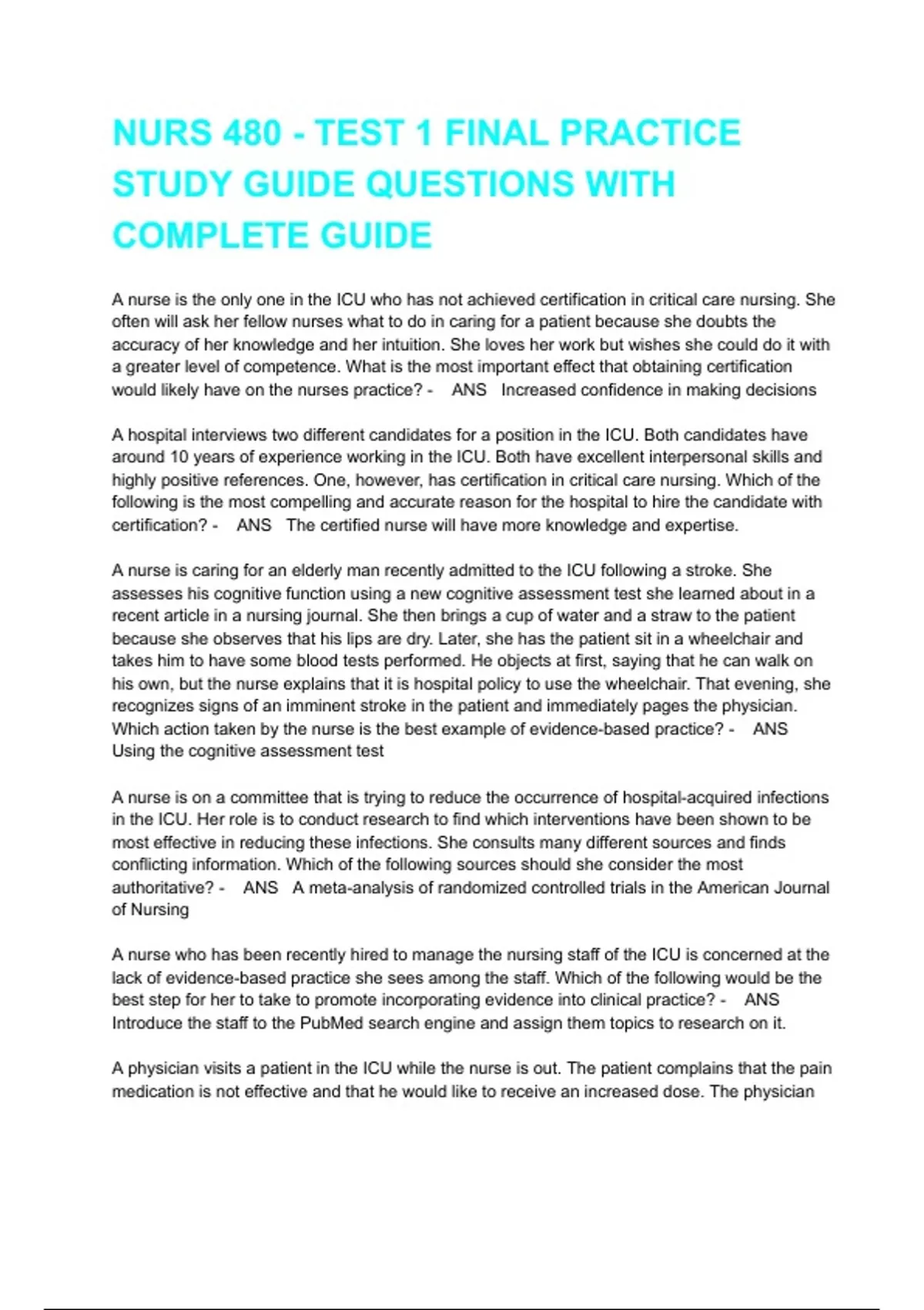 NURS 480 - TEST 1 FINAL PRACTICE STUDY GUIDE QUESTIONS WITH COMPLETE ...