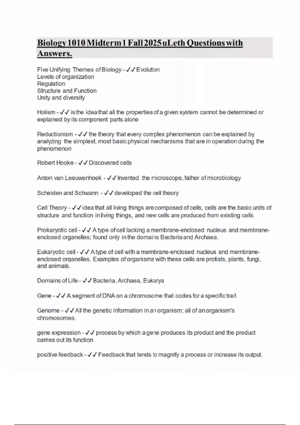 Biology 1010 Midterm 1 Fall 2025 uLeth Questions with Answers. - Biology 1010 - Stuvia US