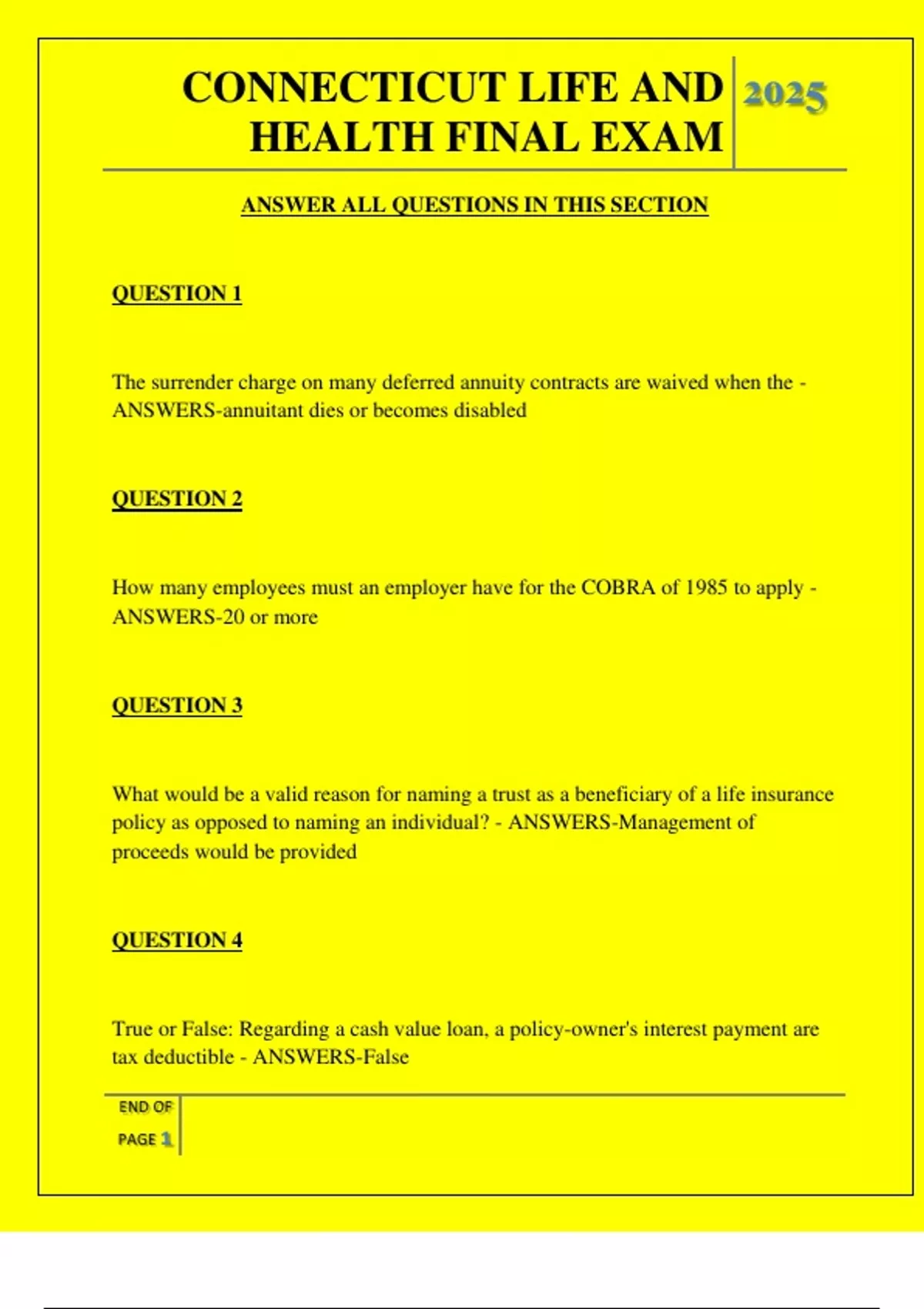 CONNECTICUT LIFE AND HEALTH FINAL EXAM QUESTIONS AND ANSWERS 2025 ...