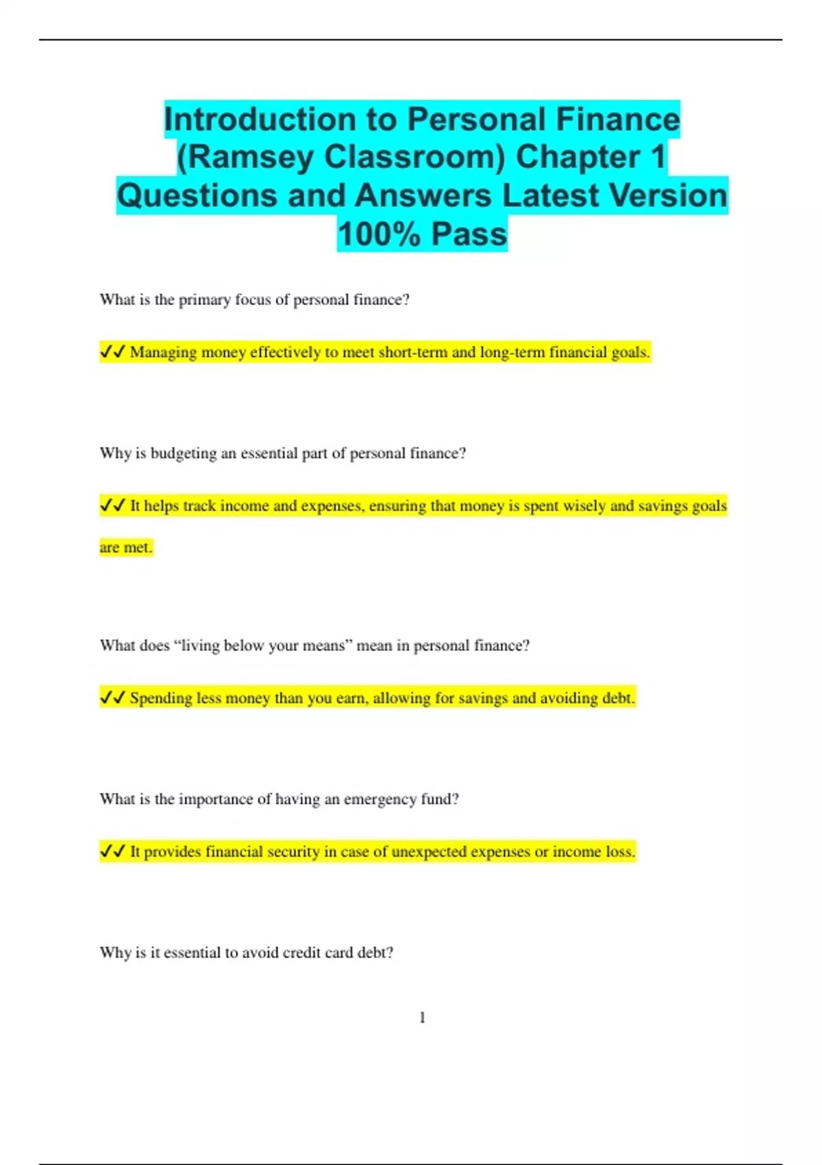 Introduction to Personal Finance (Ramsey Classroom) Chapter 1 Questions ...