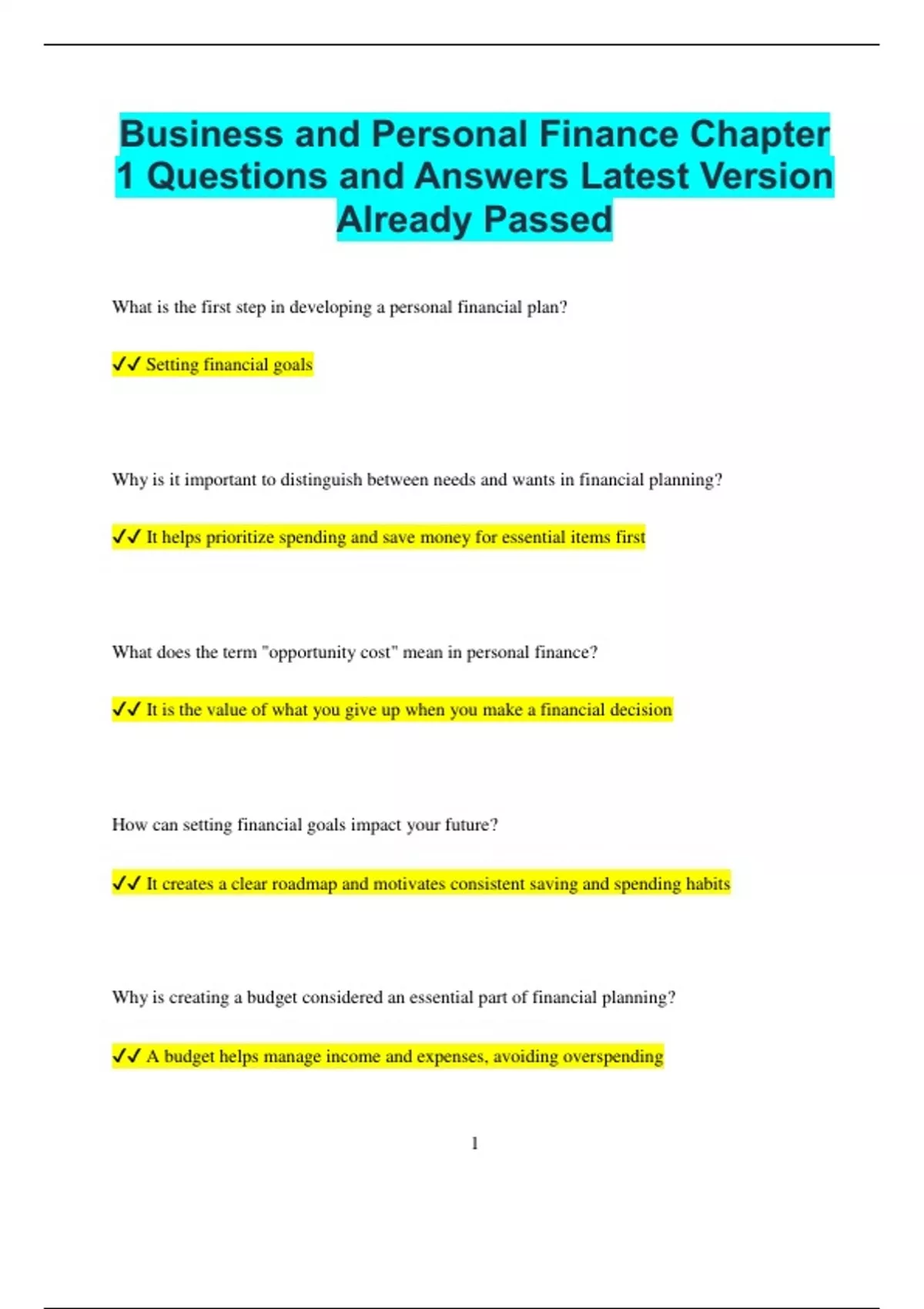 Business and Personal Finance Chapter 1 Questions and Answers Latest ...