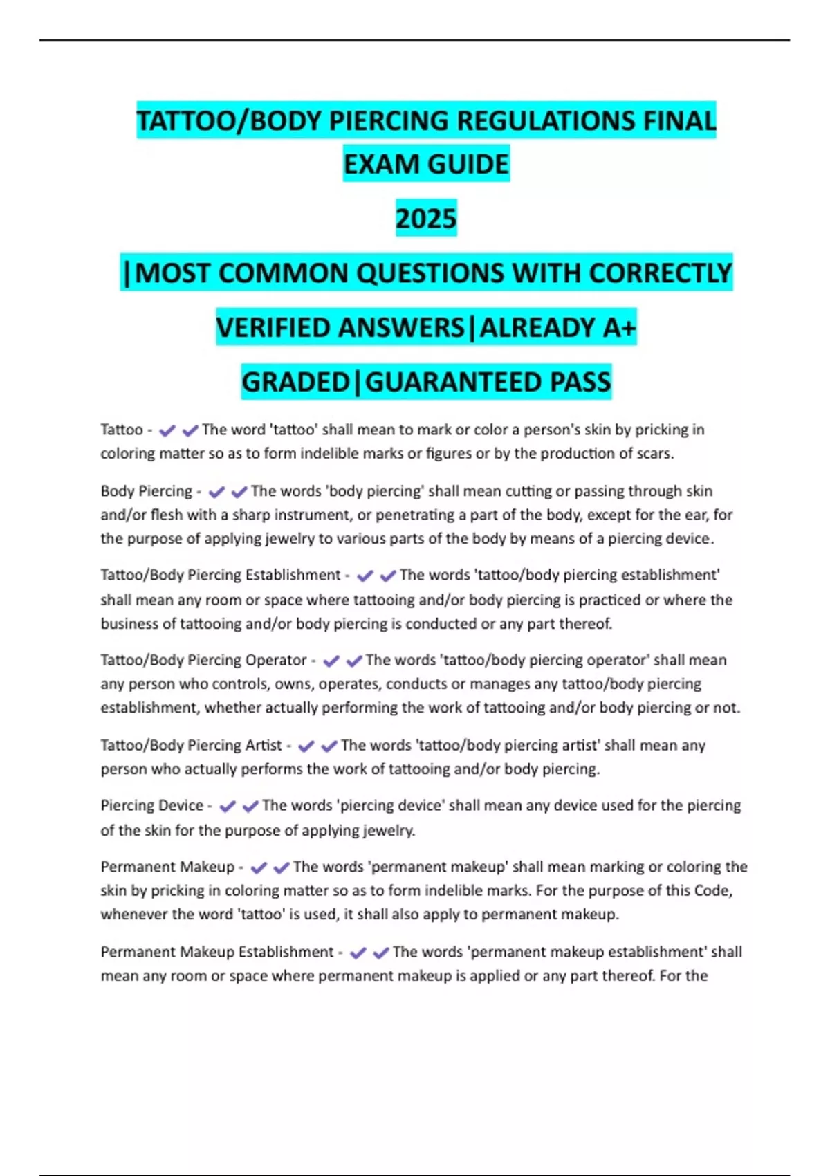 TATTOO/BODY PIERCING REGULATIONS FINAL EXAM GUIDE 2025 |MOST COMMON ...