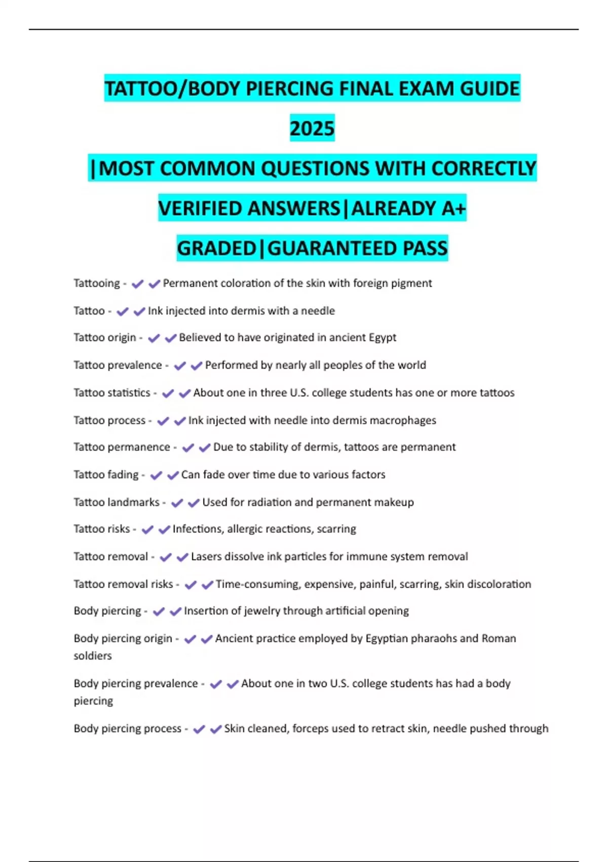 TATTOO/BODY PIERCING FINAL EXAM GUIDE 2025 |MOST COMMON QUESTIONS WITH ...