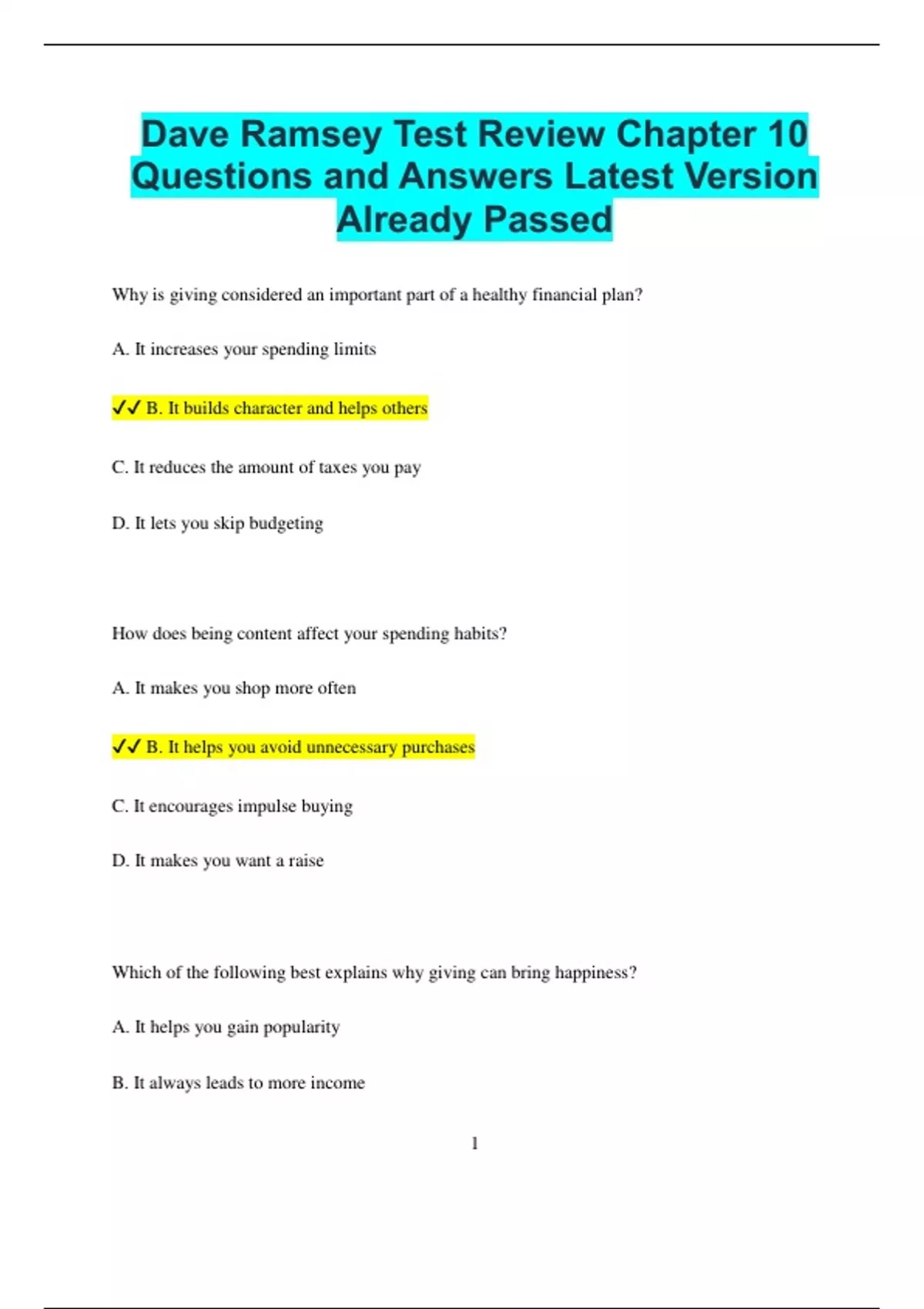 Dave Ramsey Test Review Chapter 10 Questions and Answers Latest Version ...