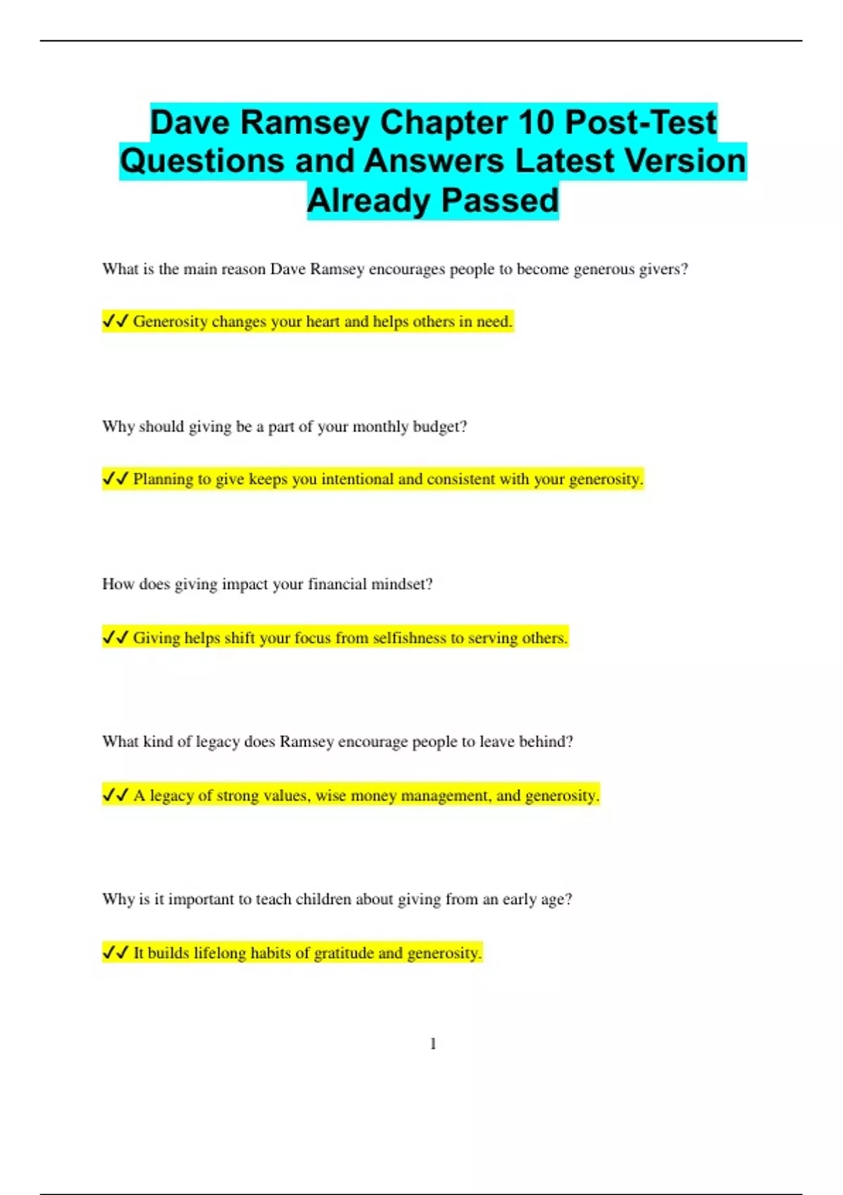 Dave Ramsey Chapter 10 Post-Test Questions and Answers Latest Version ...