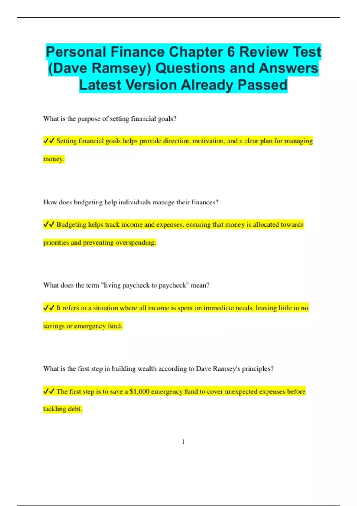 Personal Finance Chapter 6 Review Test (Dave Ramsey) Questions and ...
