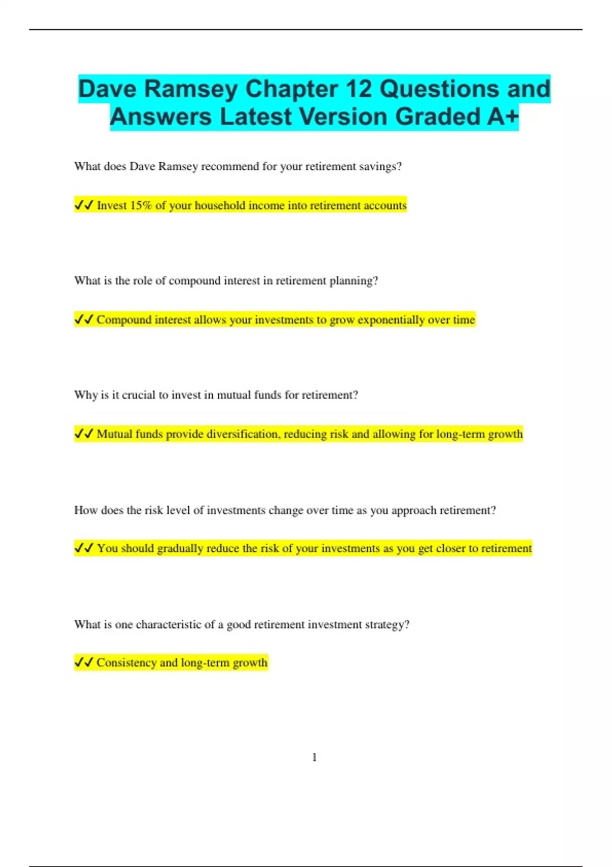 Dave Ramsey Chapter 12 Questions and Answers Latest Version Graded A+ ...