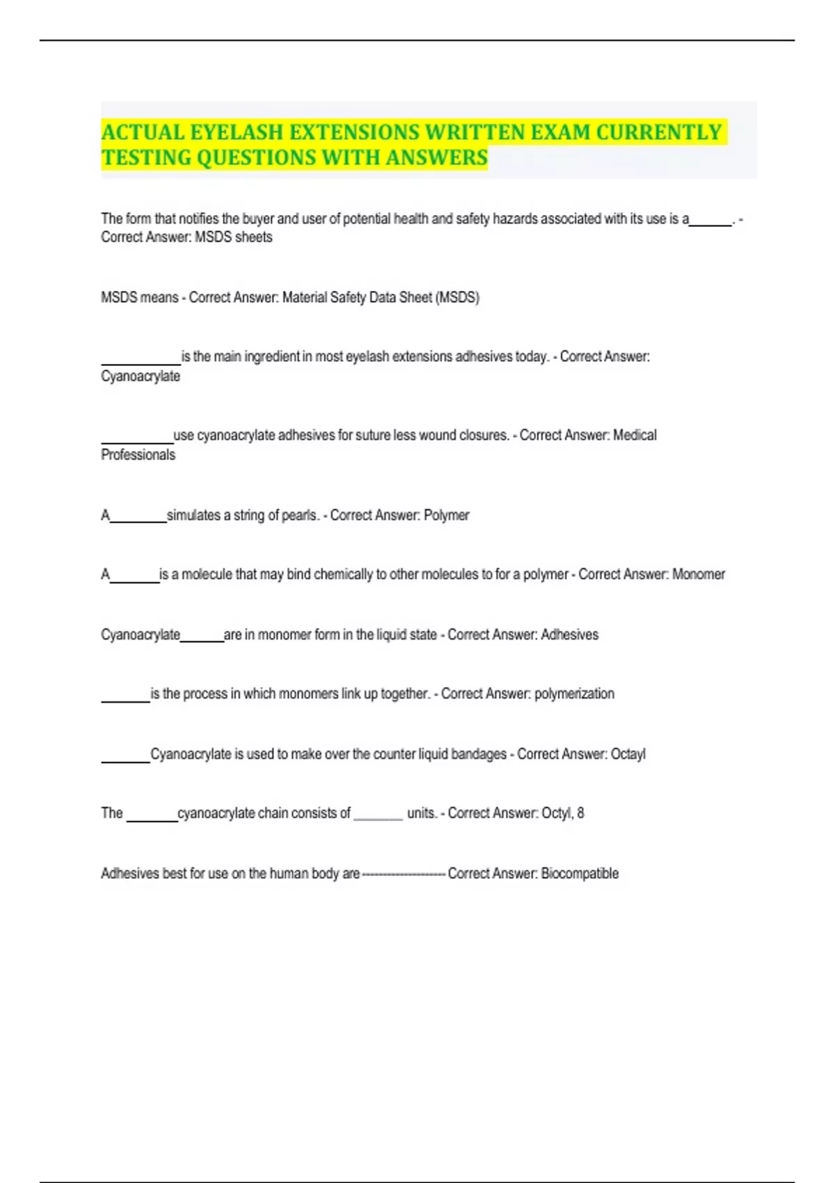 ACTUAL EYELASH EXTENSIONS WRITTEN EXAM CURRENTLY TESTING QUESTIONS WITH ...