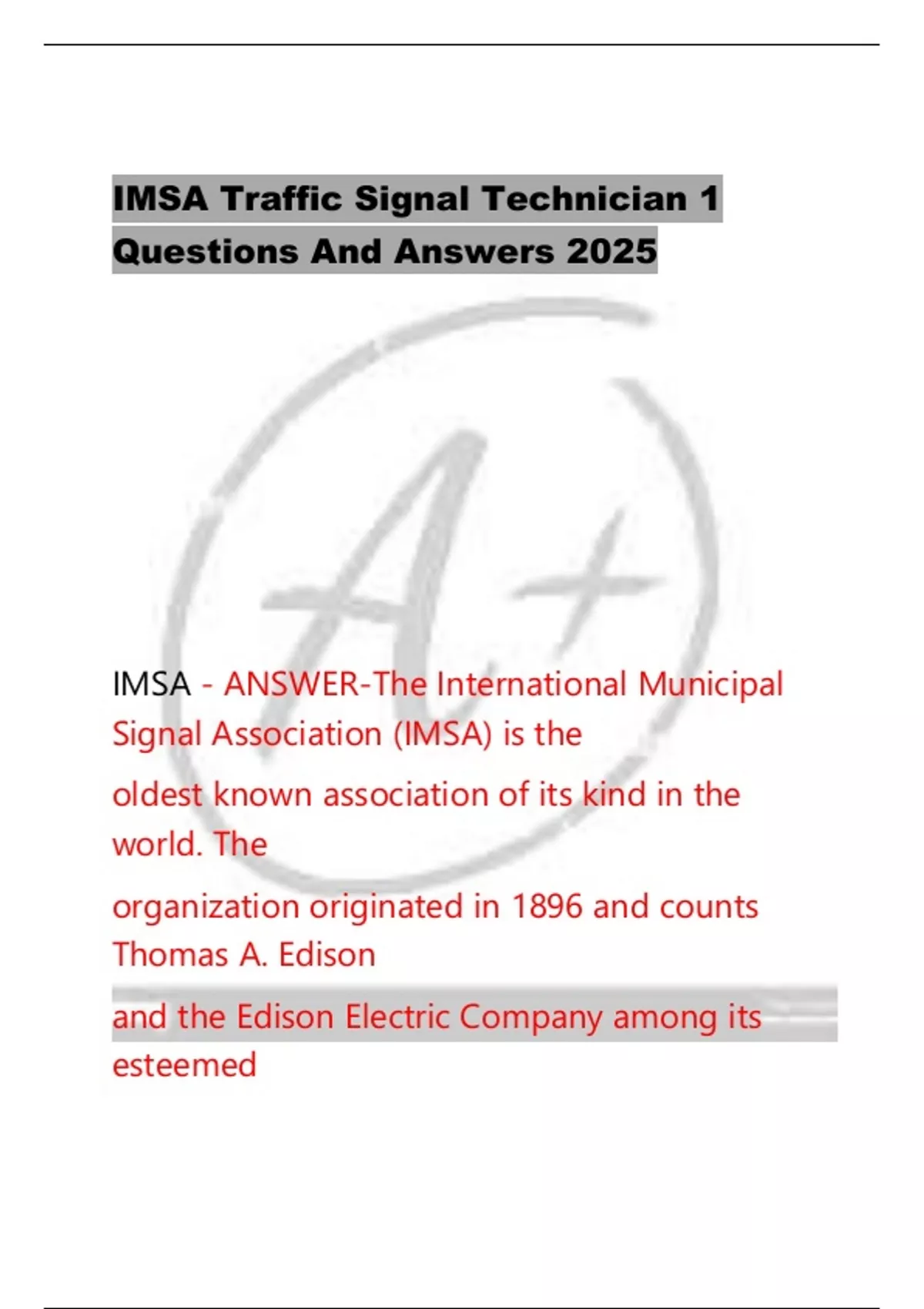 IMSA Traffic Signal Technician 1 Questions And Answers 2025 - IMSA ...