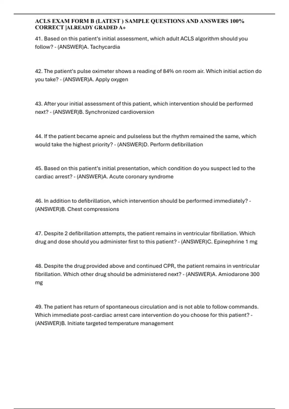ACLS EXAM FORM B (LATEST ) SAMPLE QUESTIONS AND ANSWERS 100% CORRECT ...