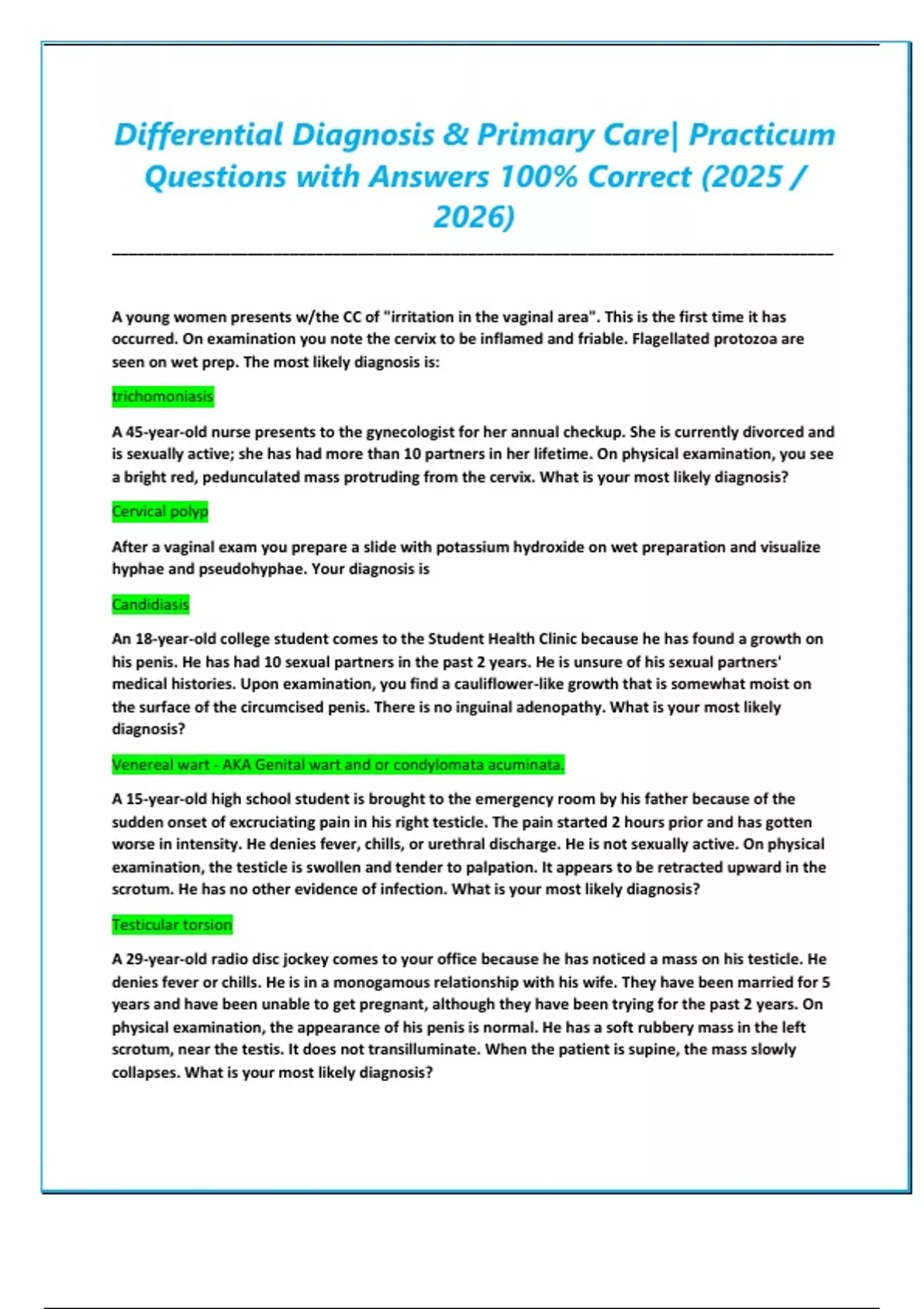 Differential Diagnosis & Primary Care| Practicum Questions with Answers ...
