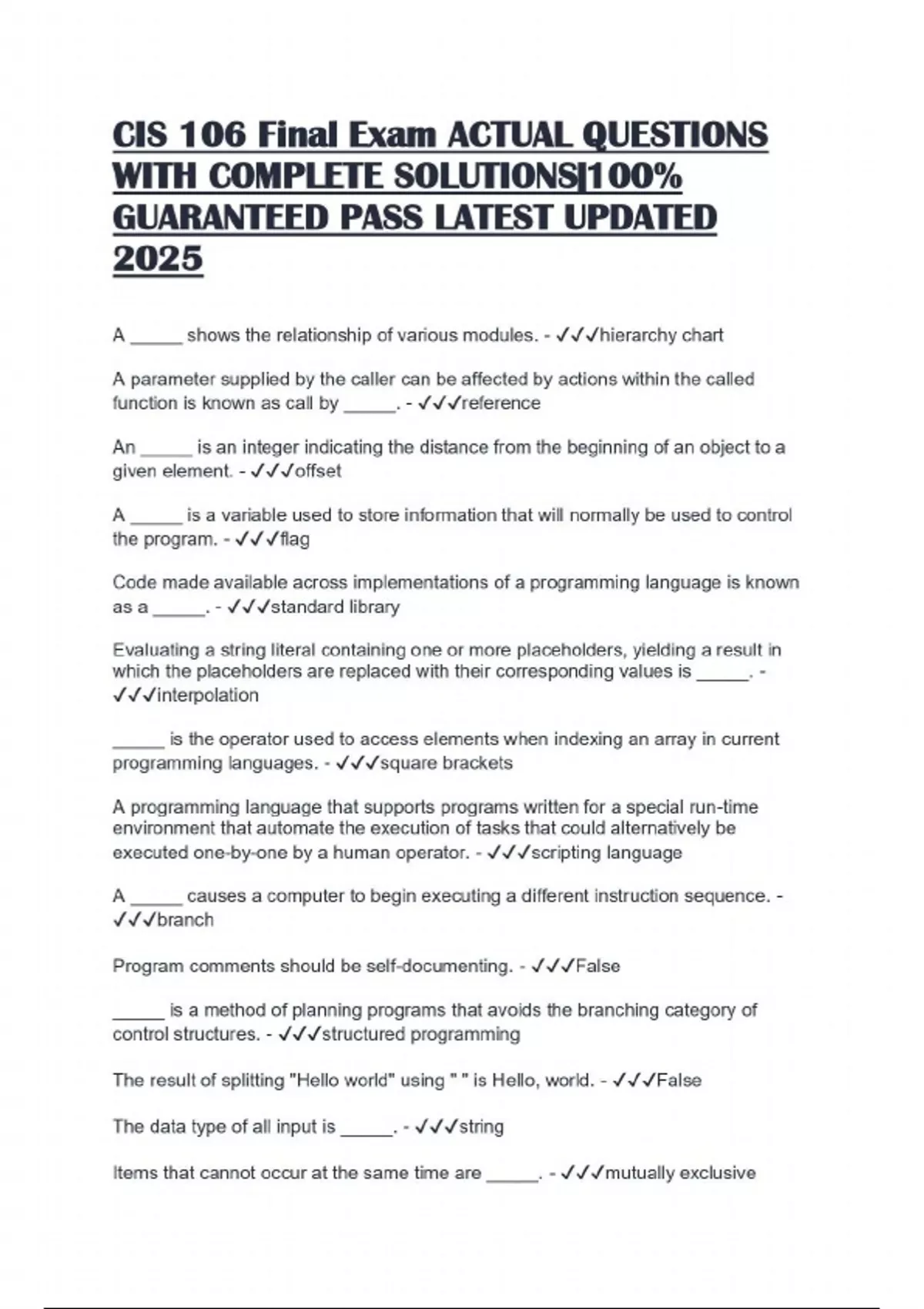 CIS 106 Final Exam ACTUAL QUESTIONS WITH COMPLETE SOLUTIONS|100% ...