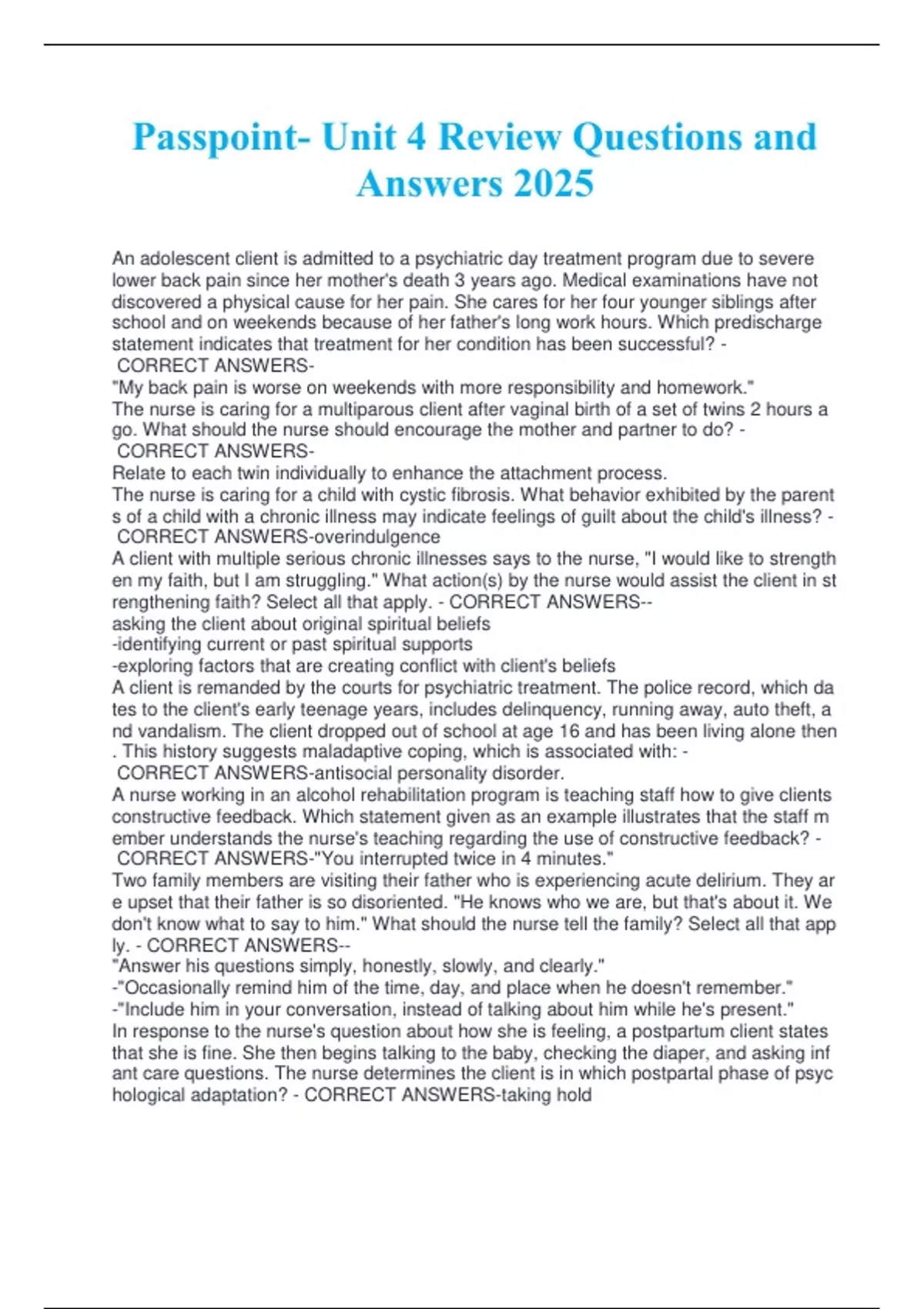 Passpoint- Unit 4 Review Questions and Answers 2025 - NUR 6130 - Stuvia US