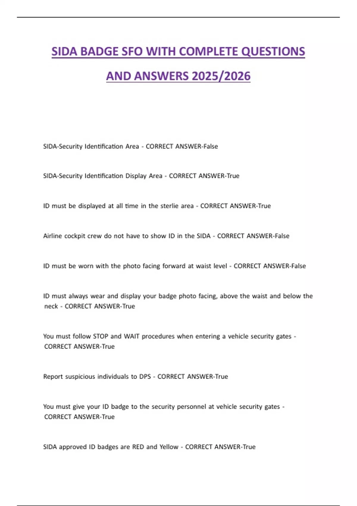 SIDA BADGE SFO WITH COMPLETE QUESTIONS AND ANSWERS 2025/2026 - Sida ...