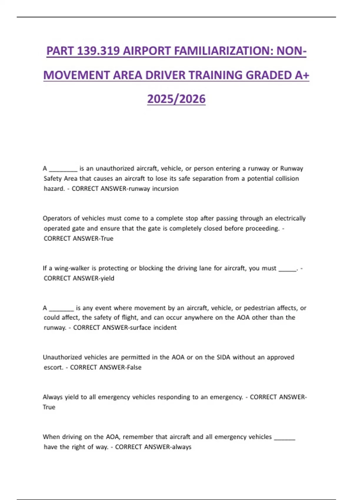 PART 139.319 AIRPORT FAMILIARIZATION: NON MOVEMENT AREA DRIVER TRAINING ...