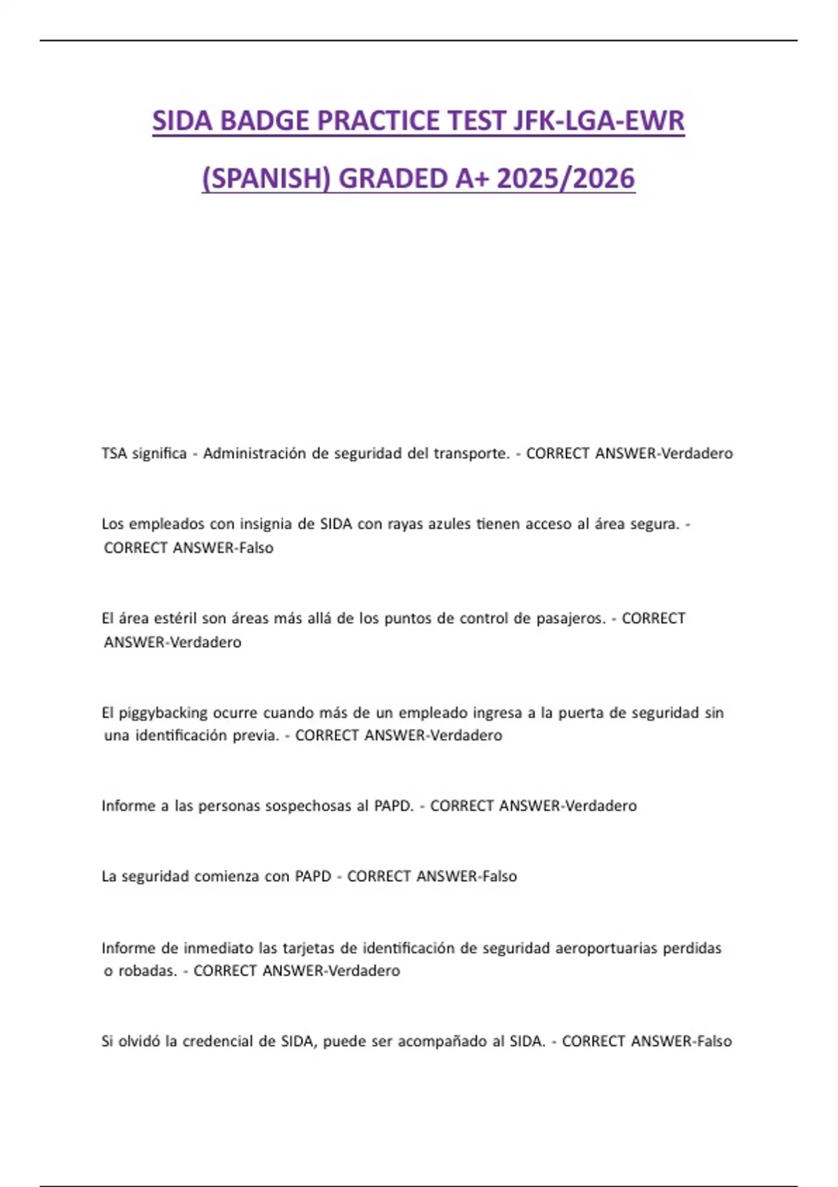 SIDA BADGE PRACTICE TEST JFK-LGA-EWR (SPANISH) GRADED A+ 2025/2026 ...