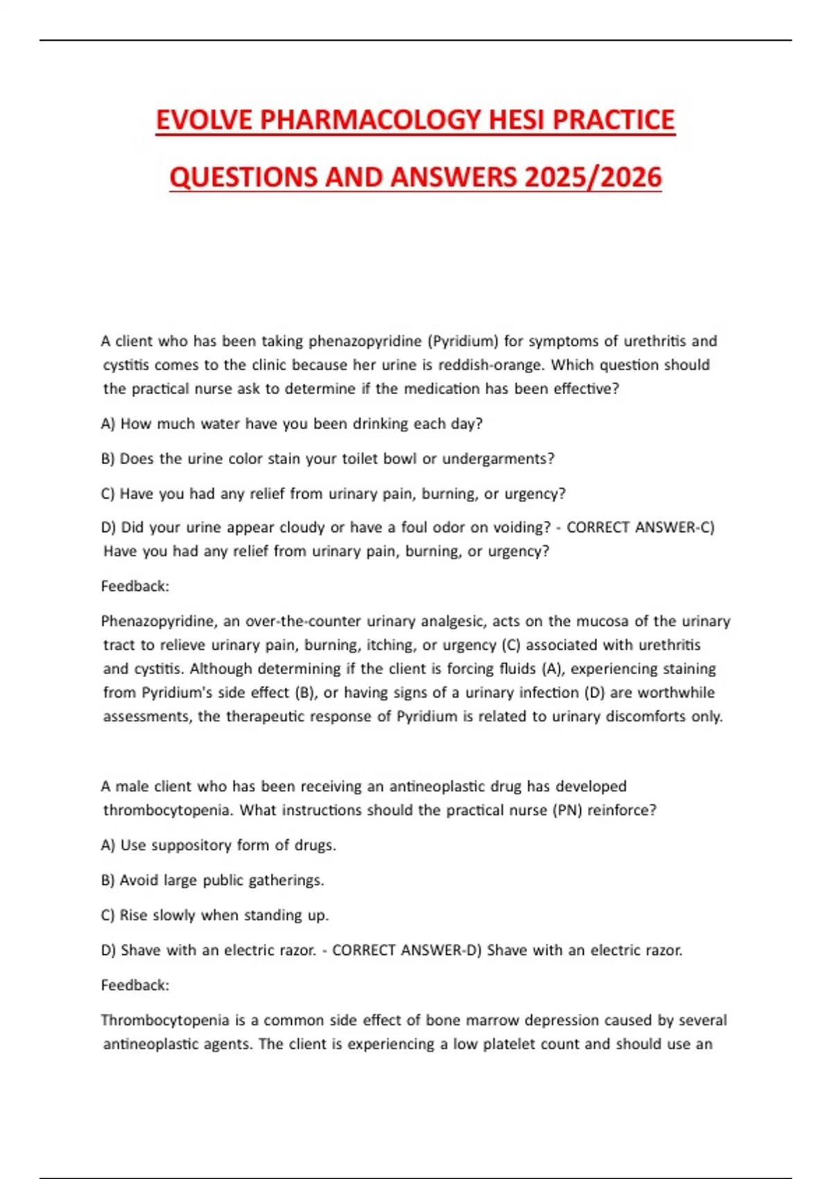 EVOLVE PHARMACOLOGY HESI PRACTICE QUESTIONS AND ANSWERS 2025/2026 ...