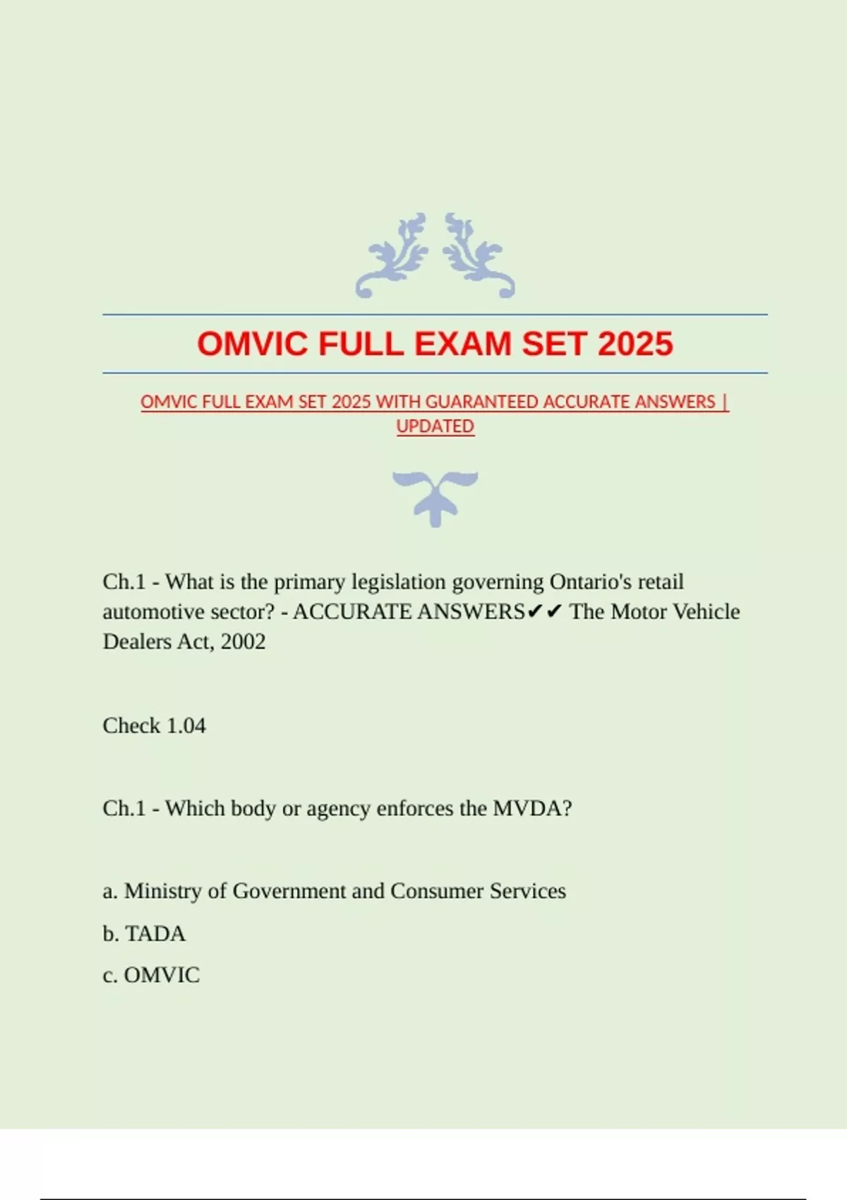 OMVIC FULL EXAM SET 2025 WITH GUARANTEED ACCURATE ANSWERS |UPDATED ...