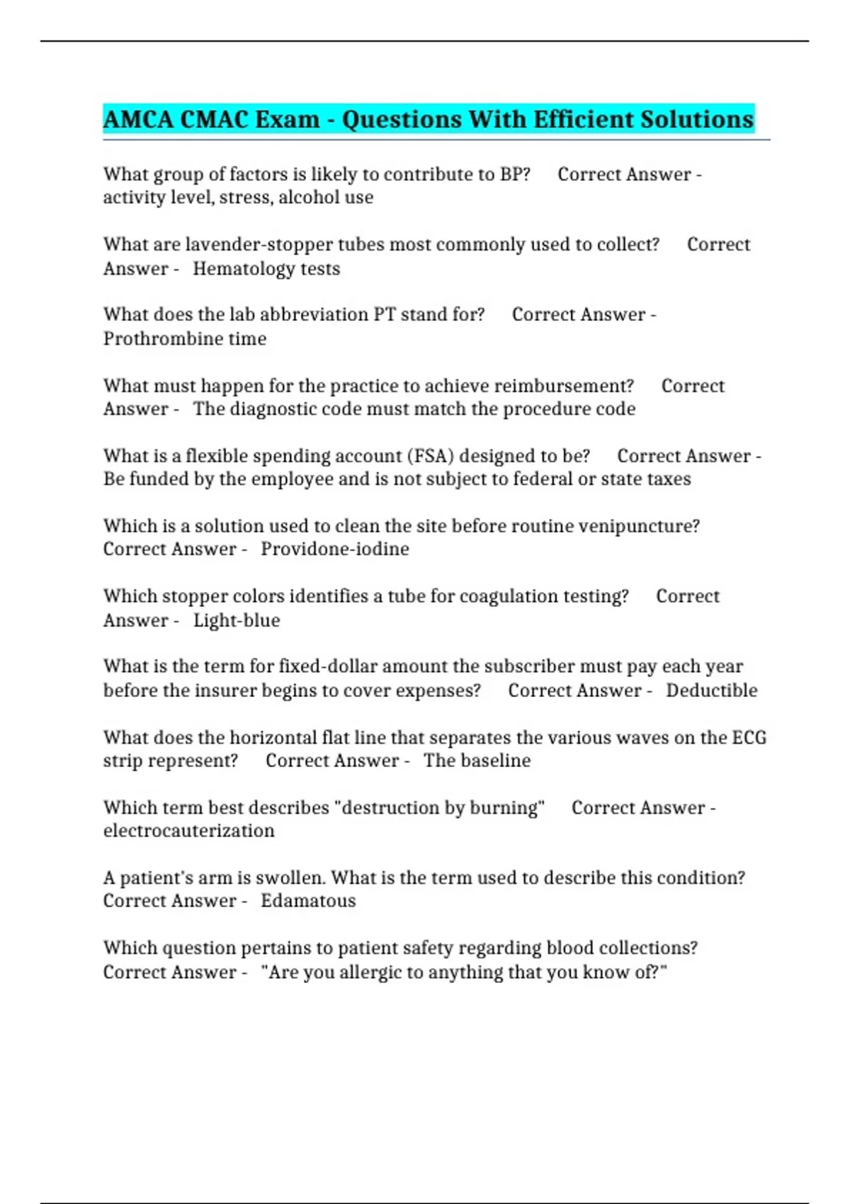 AMCA CMAC Exam - Questions With Efficient Solutions - AMCA CMAC - Stuvia US