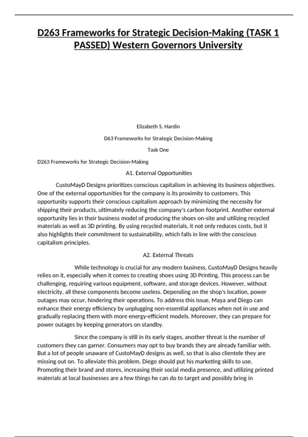 D263 Frameworks for Strategic Decision-Making (TASK 1 PASSED) Western ...