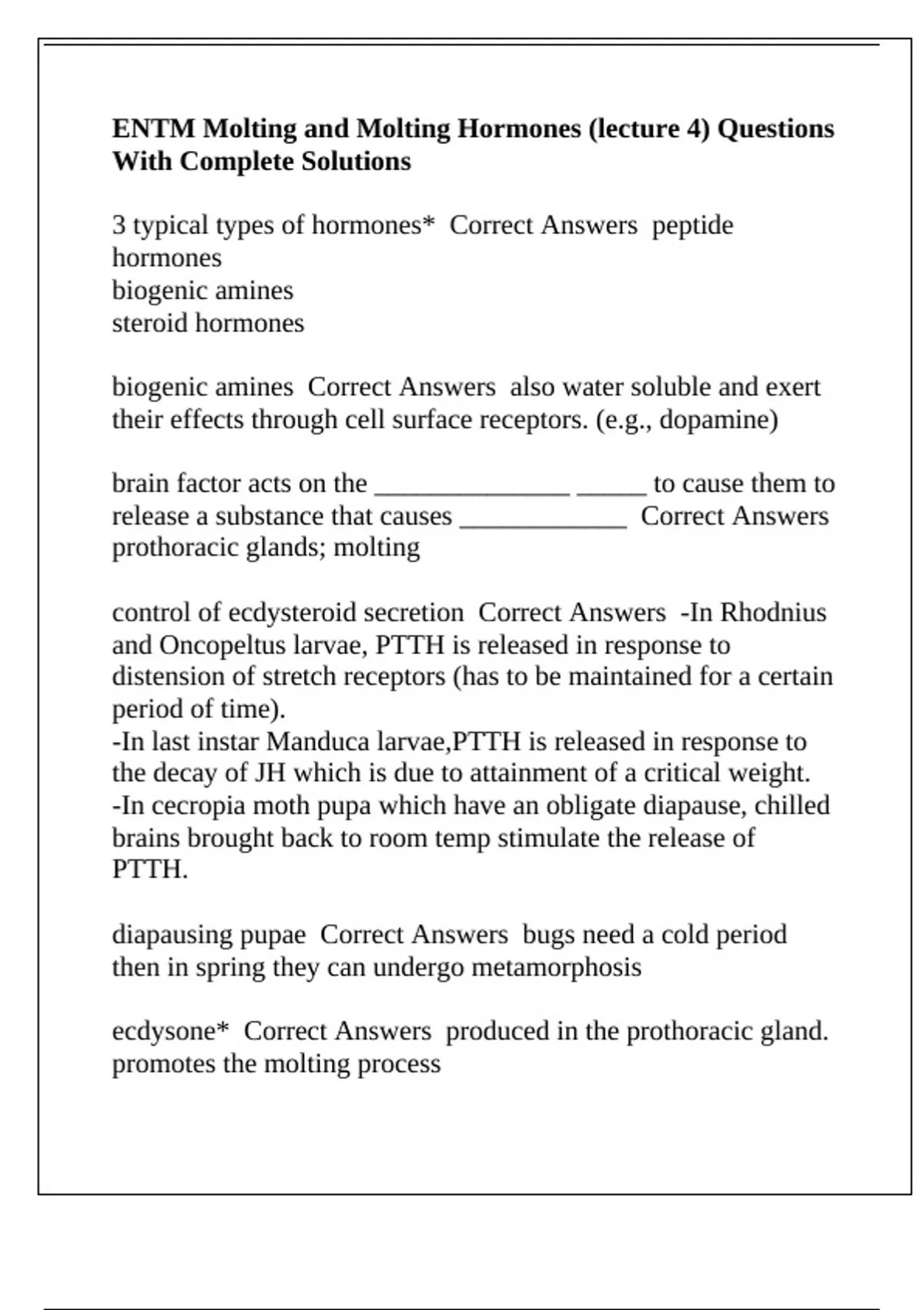 ENTM Molting and Molting Hormones (lecture 4) Questions With Complete ...