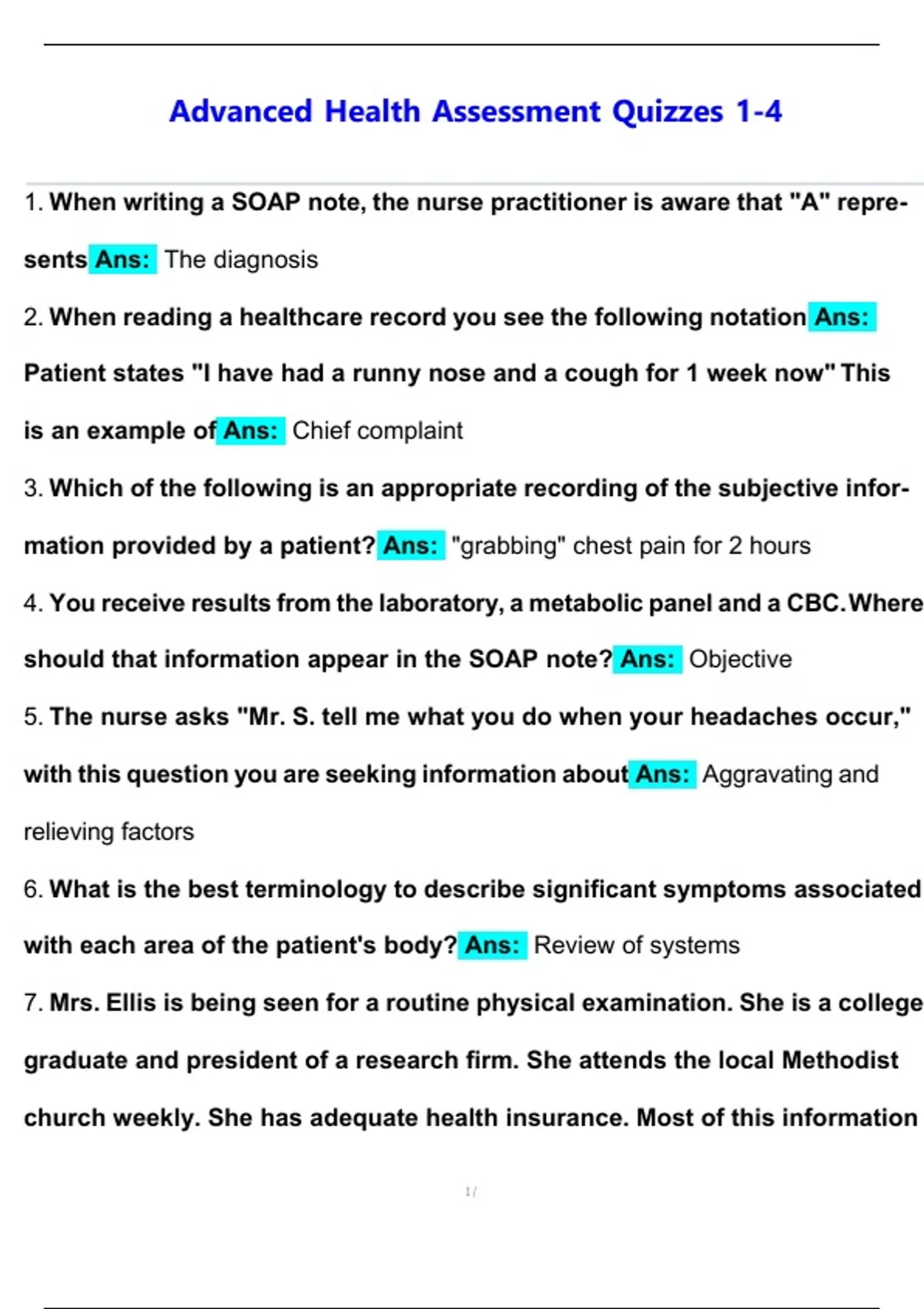 Advanced Health Assessment Quizzes 1-4 With Actual Solution (2025/2026 ...