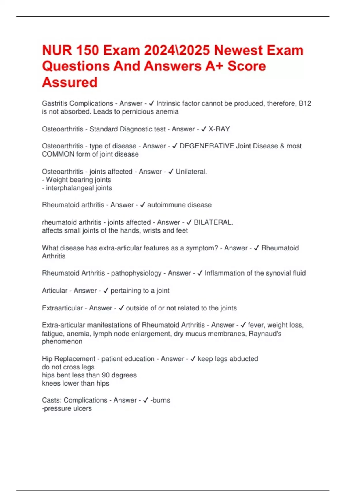 NUR 150 Exam Newest Exam Questions And Answers A+ Score Assured - NUR ...