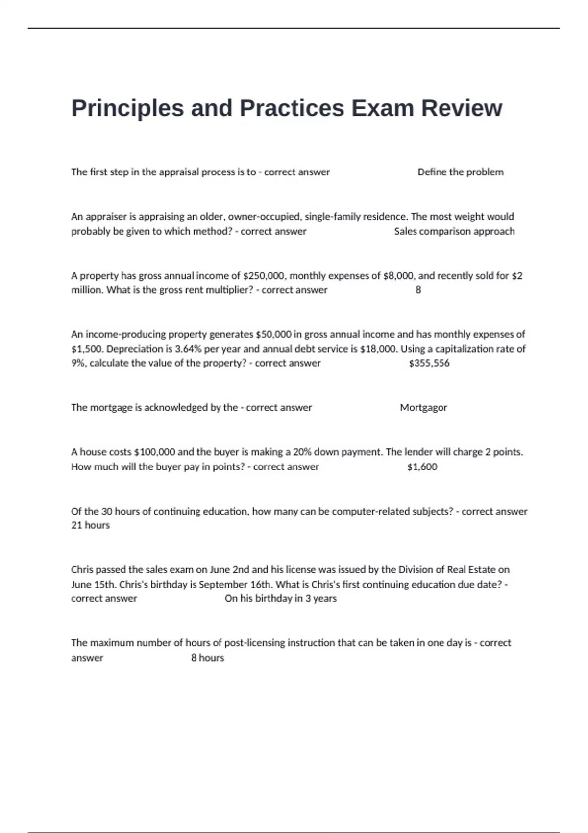 Principles and Practices Exam Review Exam Questions With Correct ...