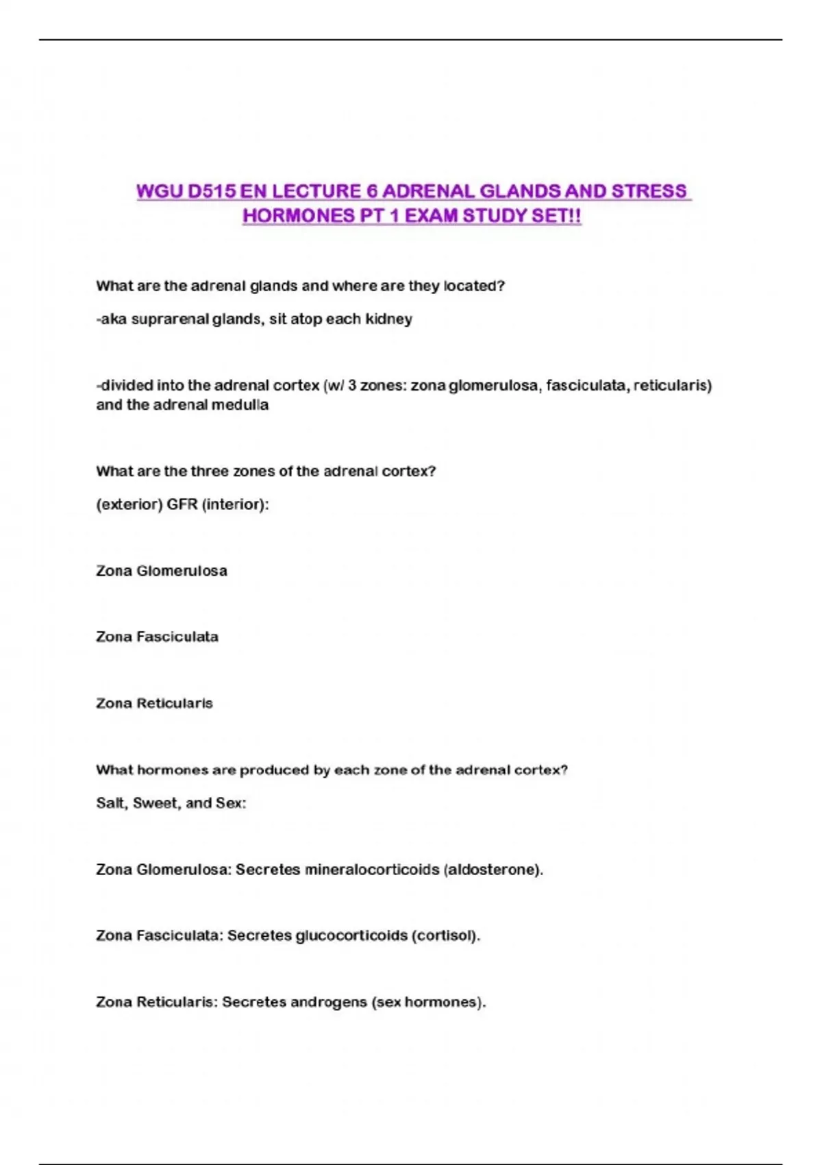WGU D515 EN LECTURE 6 ADRENAL GLANDS AND STRESS HORMONES PT 1 EXAM STUDY SET!! - WGU D515 ...