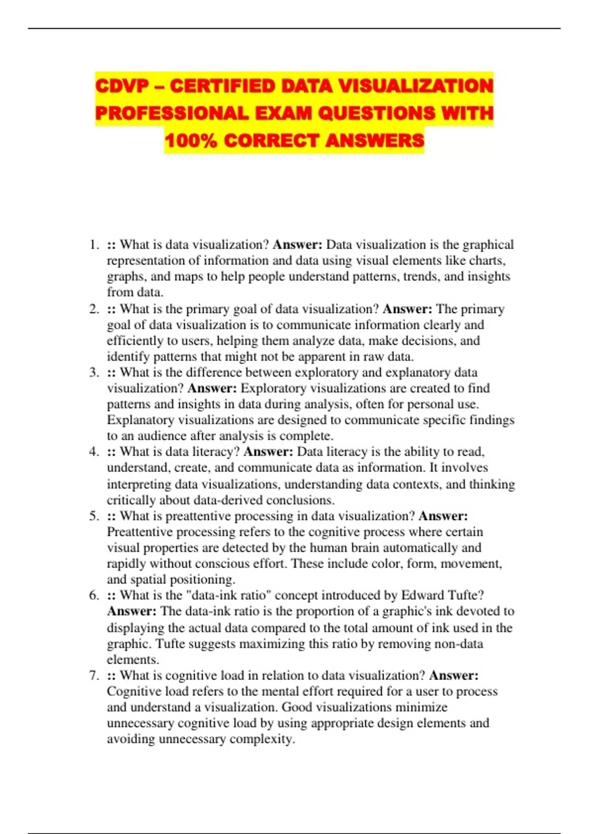 CDVP – CERTIFIED DATA VISUALIZATION PROFESSIONAL EXAM QUESTIONS WITH 100% CORRECT ANSWERS - CDVP ...