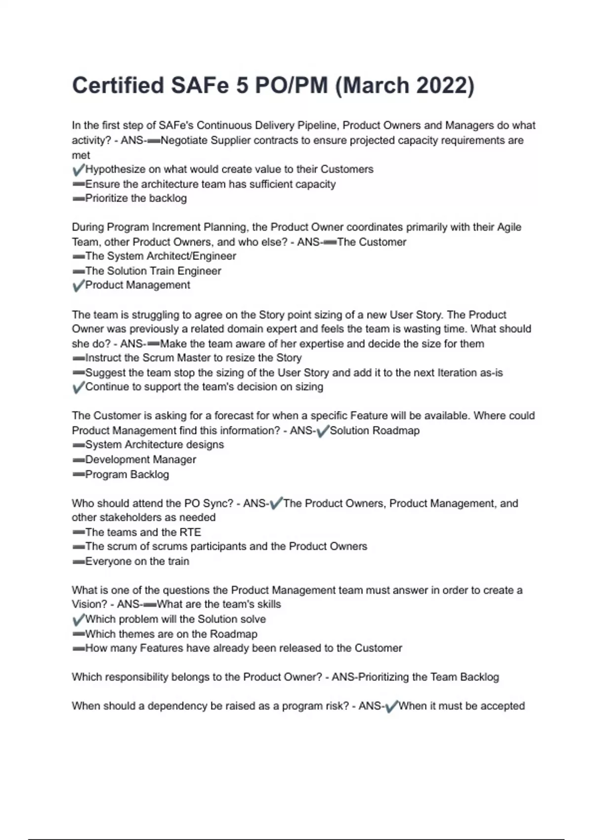 Certified SAFe 5 PO/PM (March 2022) Questions and answers graded A+ ...