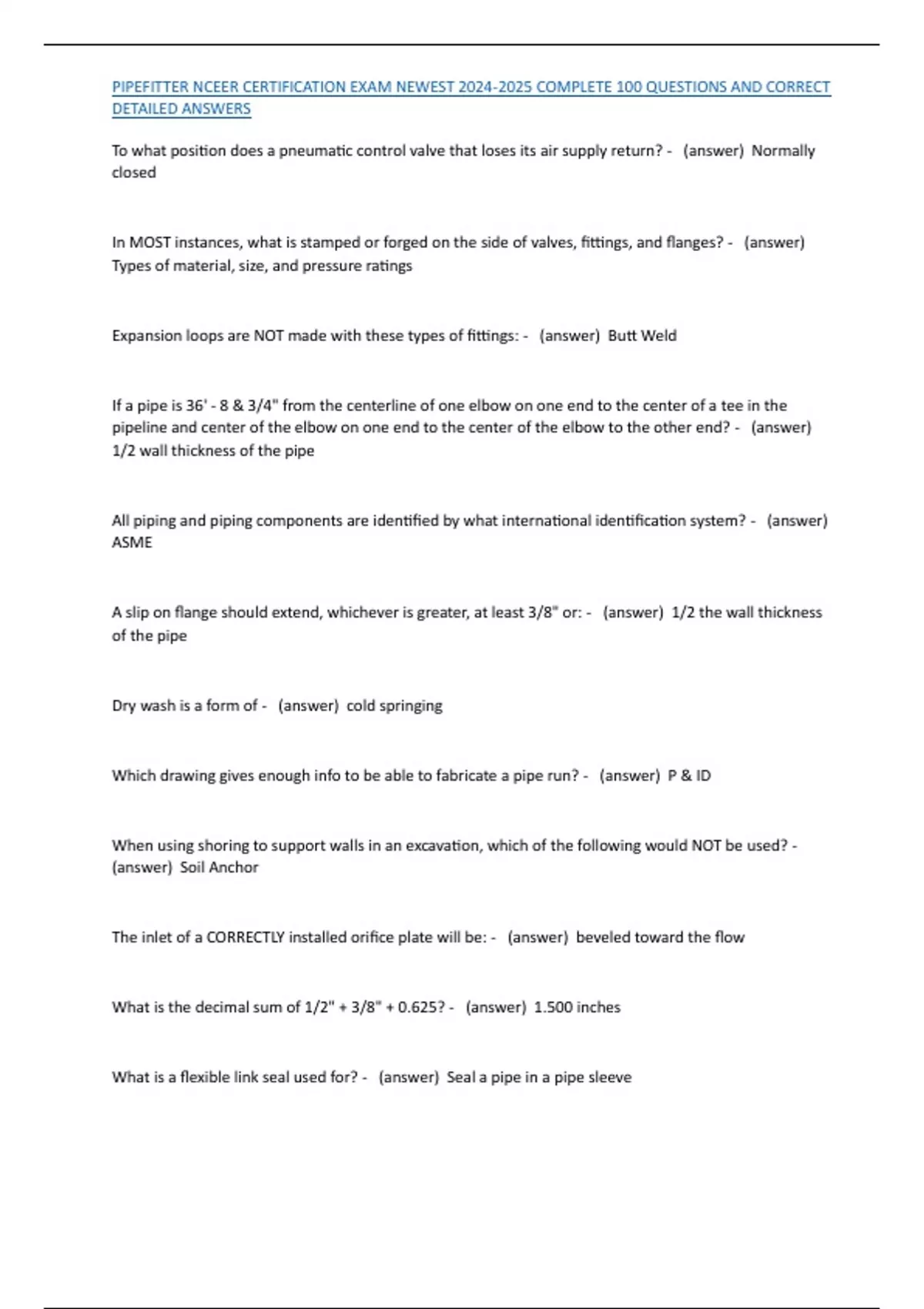 PIPEFITTER NCEER CERTIFICATION EXAM NEWEST COMPLETE 100 QUESTIONS AND ...