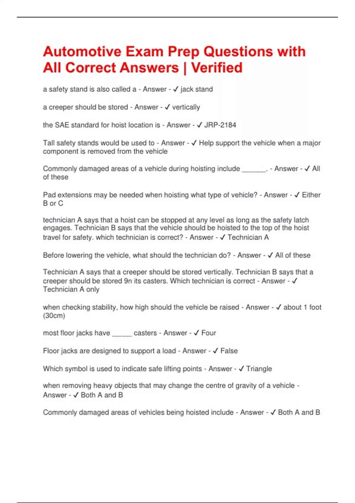 Automotive Exam Prep Questions with All Correct Answers | Verified ...