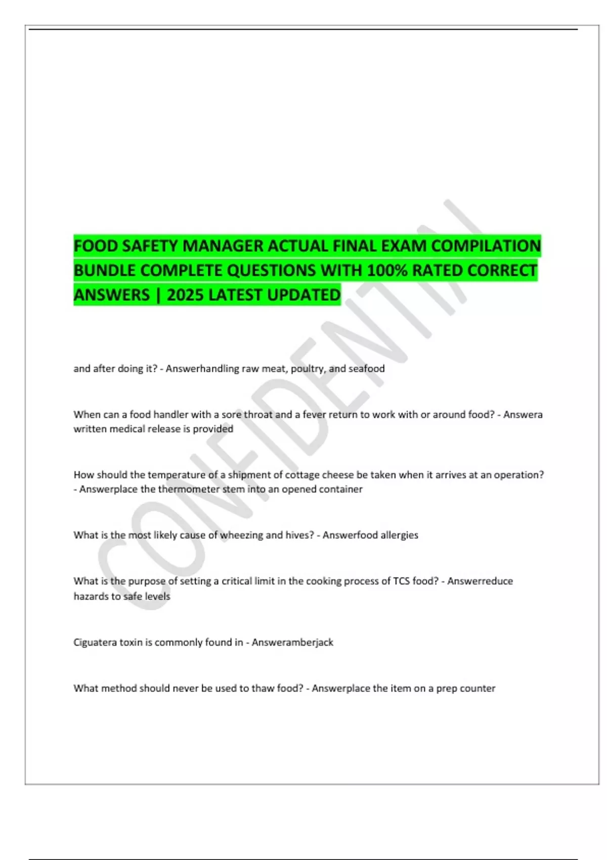 FOOD SAFETY MANAGER ACTUAL FINAL EXAM COMPILATION BUNDLE COMPLETE ...