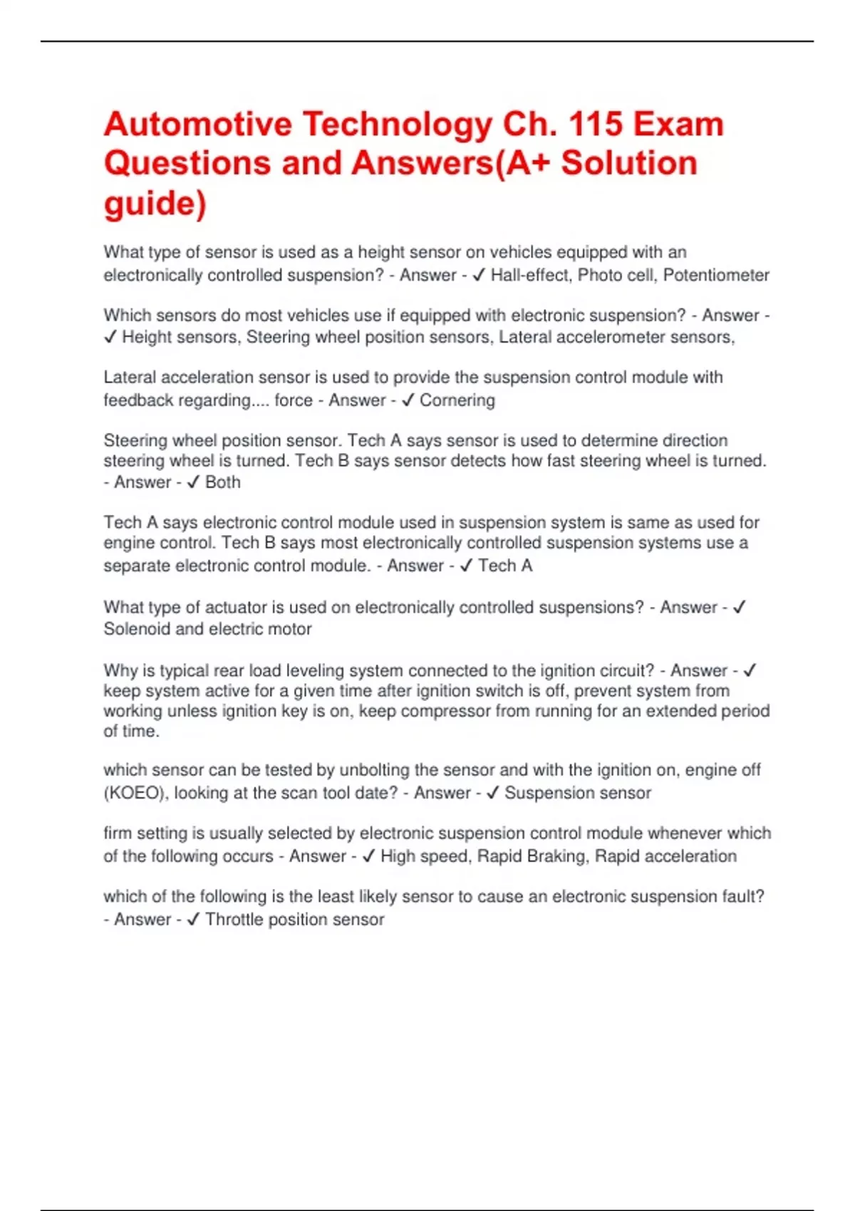 Automotive Technology Ch. 115 Exam Questions and Answers(A+ Solution ...