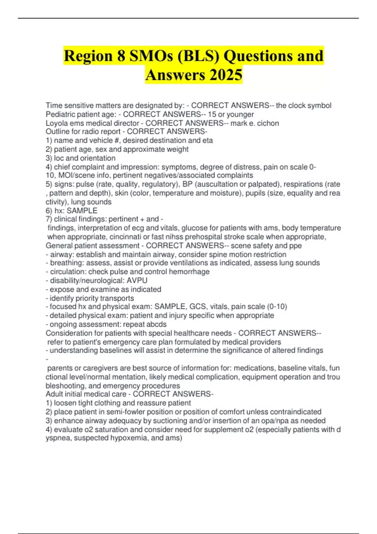 Region 8 SMOs (BLS) Questions and Answers 2025 - Loyola EMS System ...