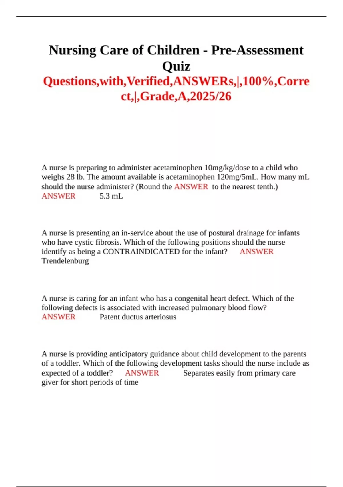 Nursing Care of Children - Pre-Assessment Quiz Questions,with,Verified ...