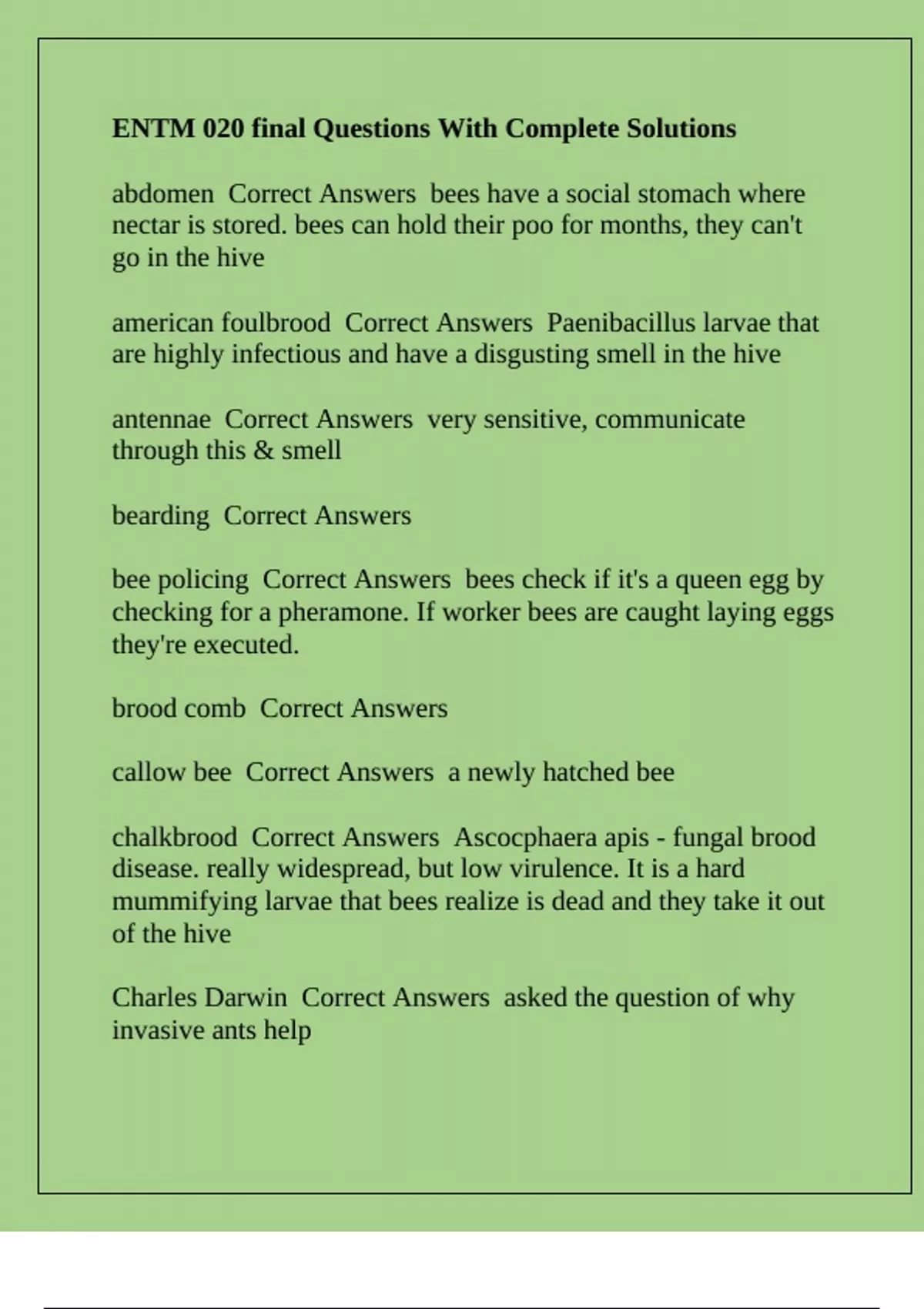 ENTM 020 final Questions With Complete Solutions - ENTM 020 - Stuvia US