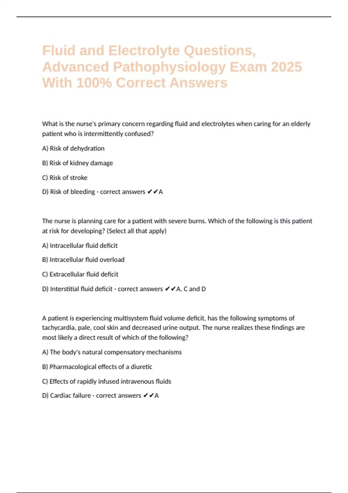 Fluid and Electrolyte Questions, Advanced Pathophysiology Exam 2025 With 100% Correct Answers ...