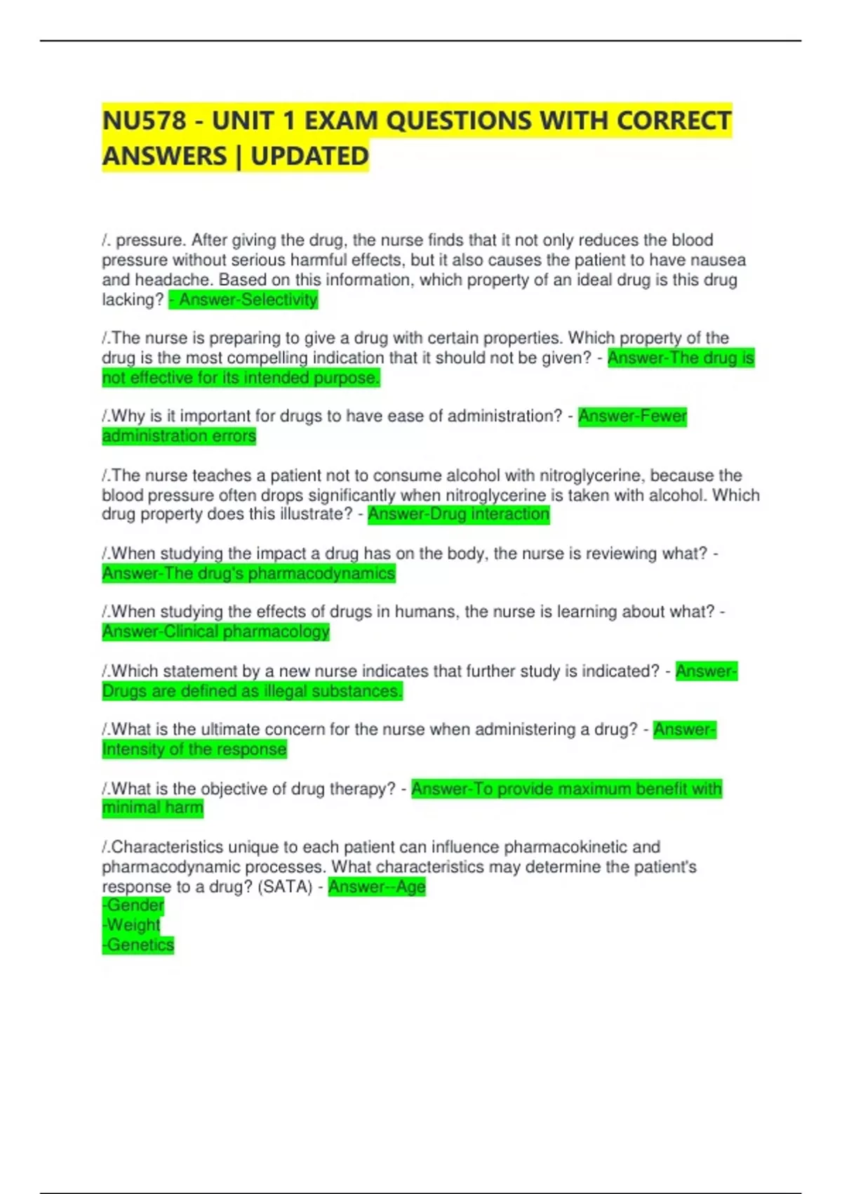 NU578 - UNIT 1 EXAM QUESTIONS WITH CORRECT ANSWERS | UPDATED - NU578 ...