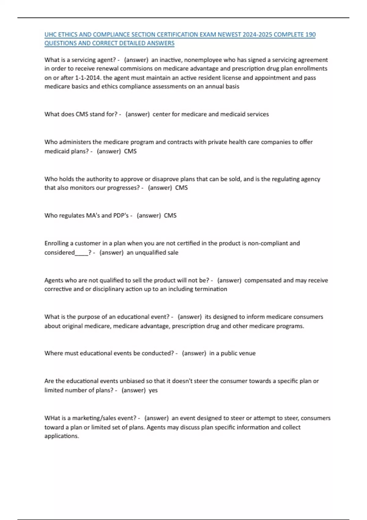 UHC ETHICS AND COMPLIANCE SECTION CERTIFICATION EXAM NEWEST COMPLETE ...